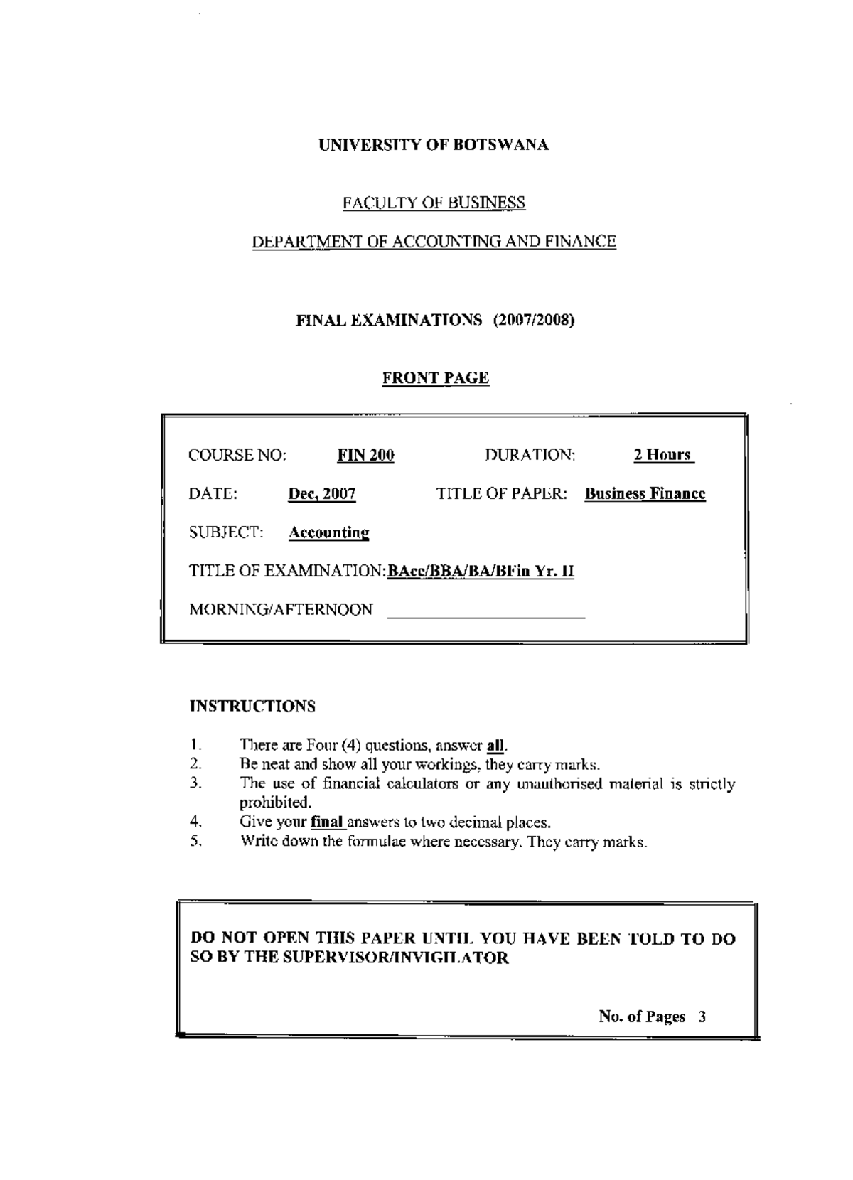 Fin 200 2007 - Past papers for fin 200 - Introduction to business ...