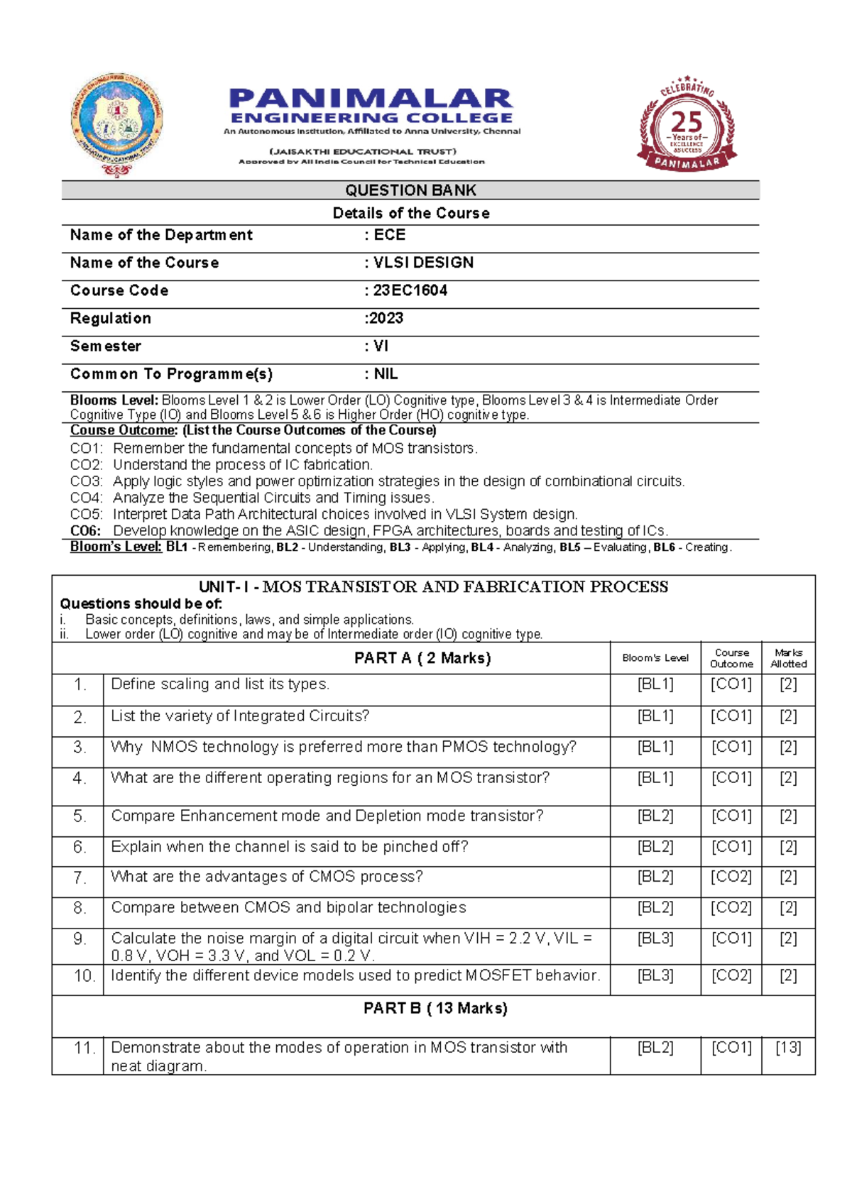 23EC1604 - VLSI Design Question Bank for ECE VI Semester - Studocu