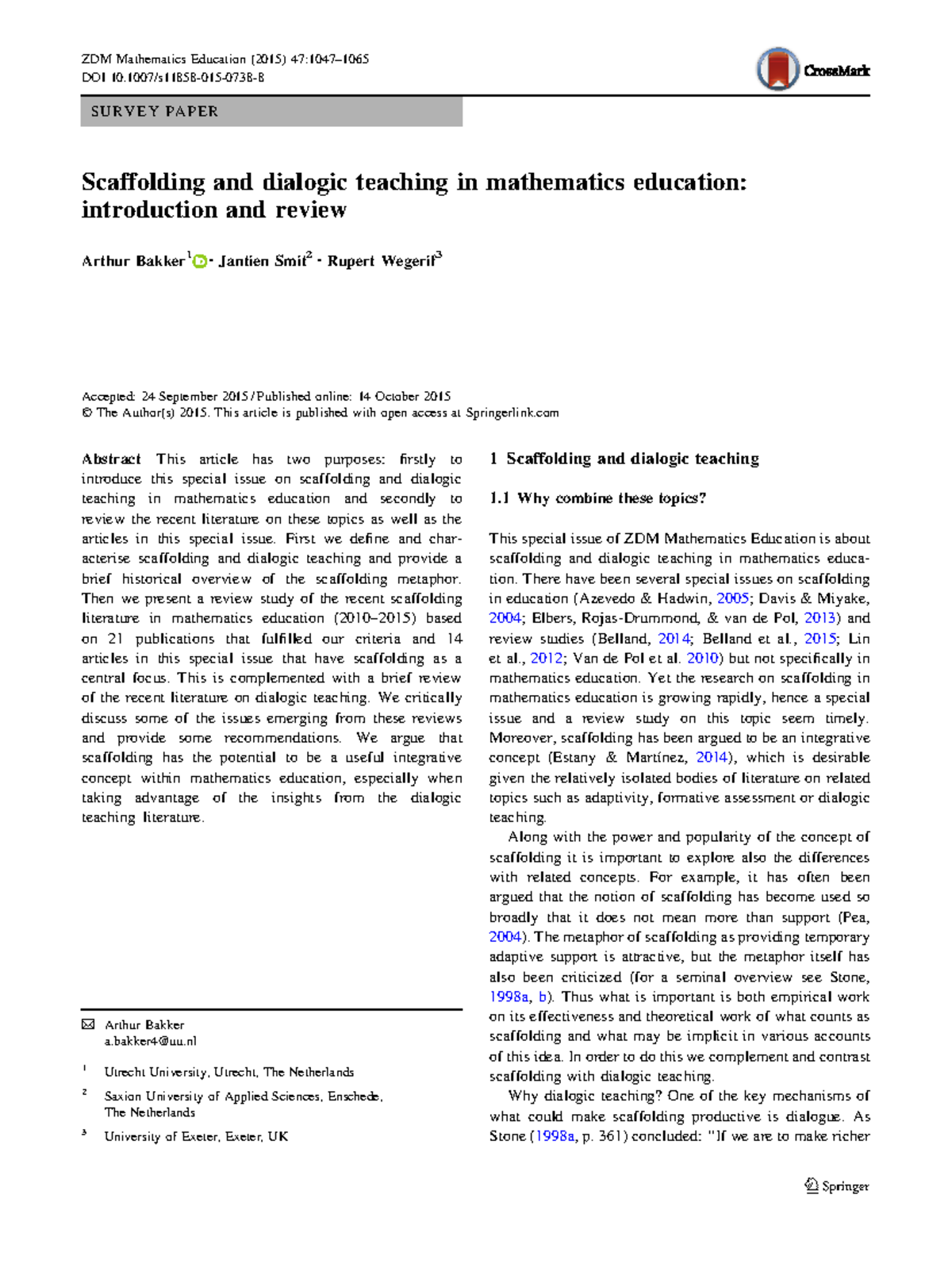 ZDM Mathematics Education: Scaffolding & Dialogic Teaching Review - Studocu