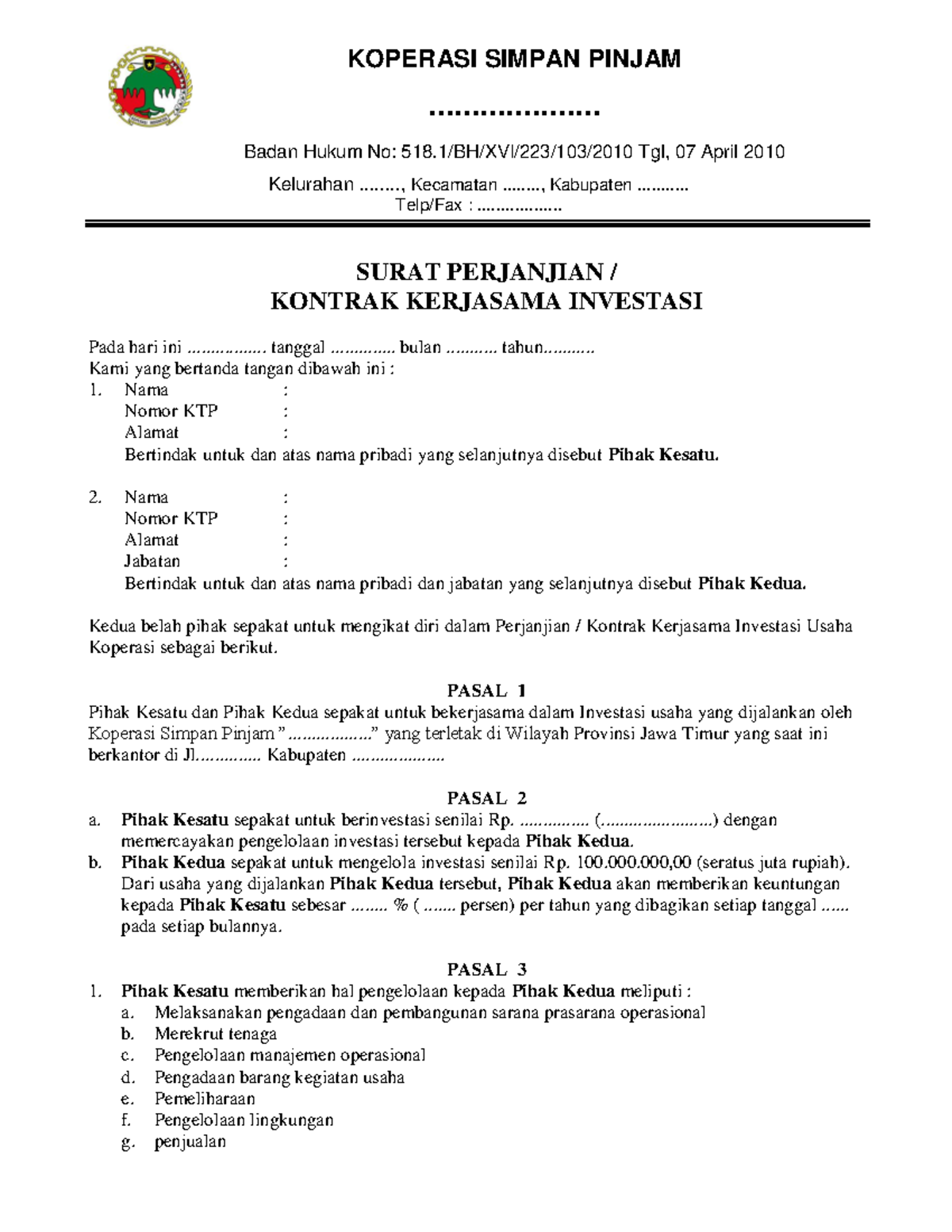Contoh Surat Perjanjian Kerjasama Investasi KSP 2023 - Studocu