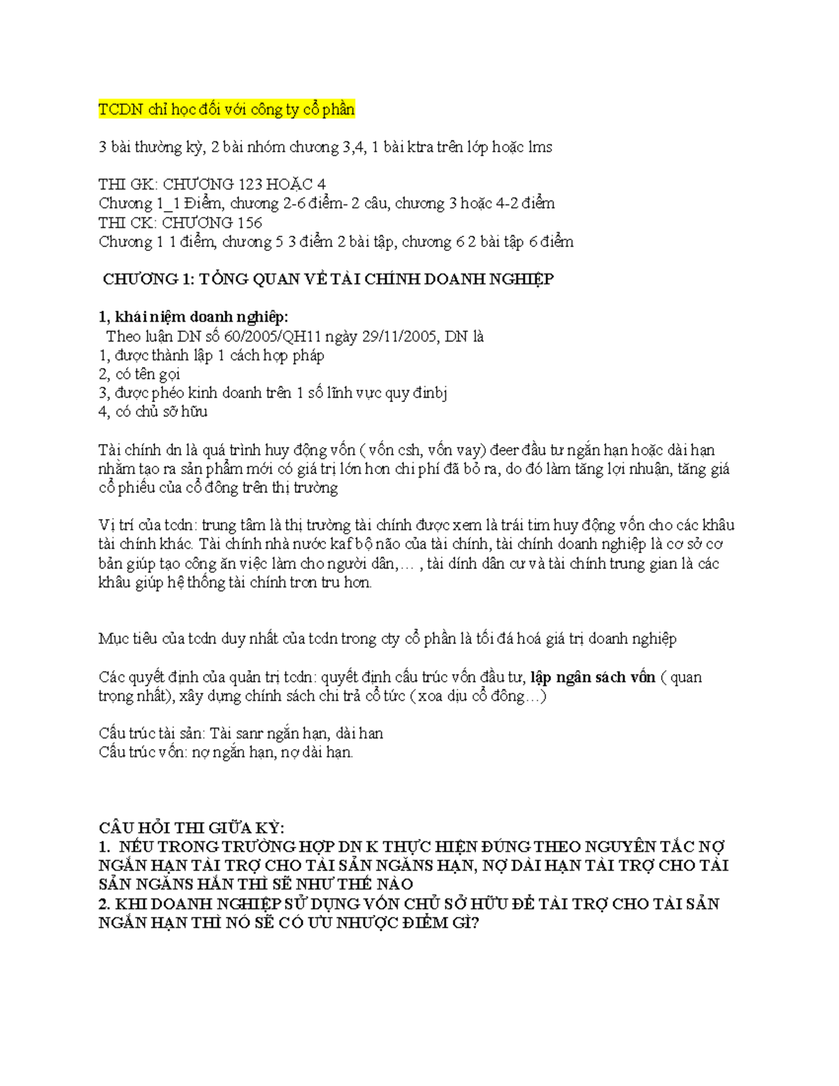TCDN NOTE - TCDN NOTE - TCDN chỉ học đối với công ty cổ phần 3 bài thường kỳ, 2 bài nhóm chương ...
