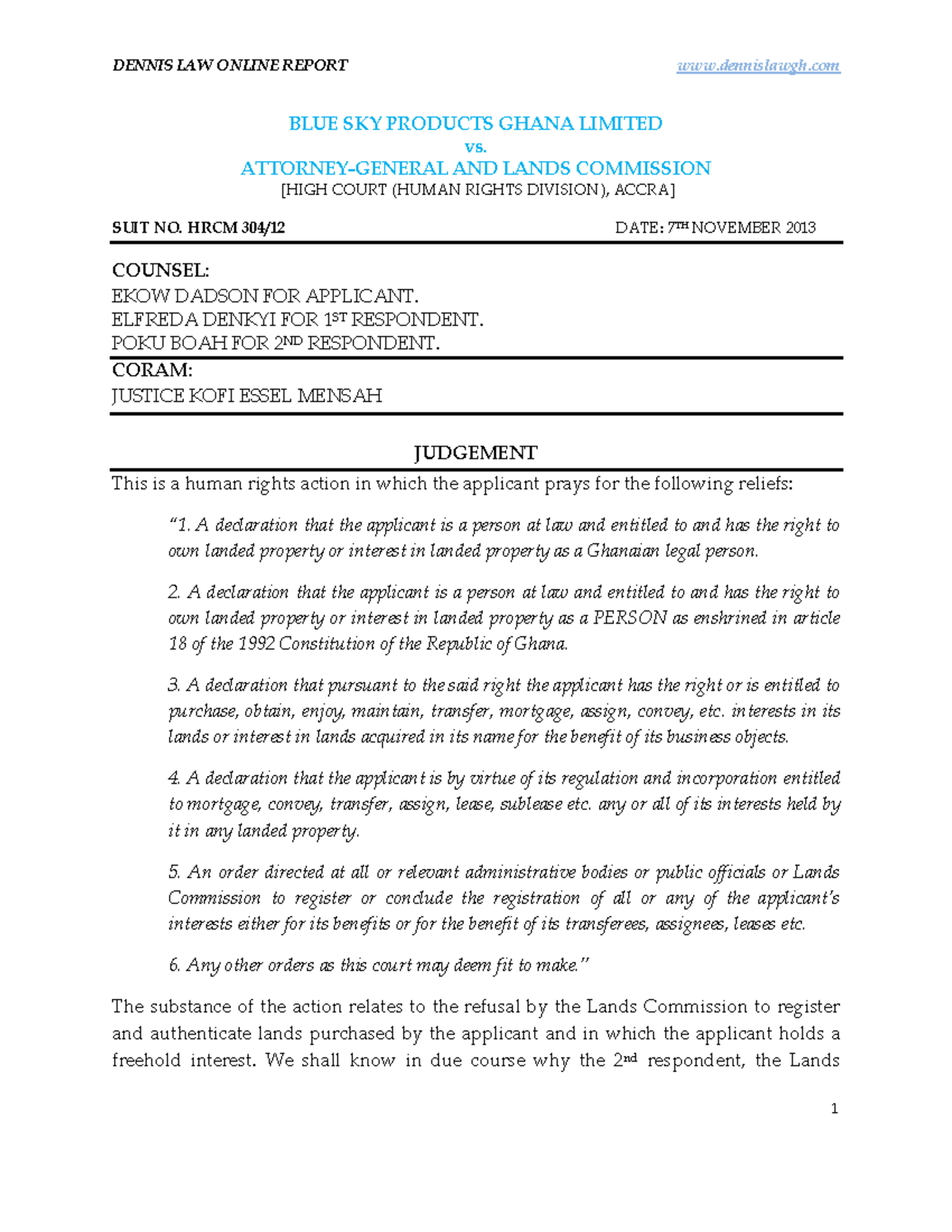Blue Sky Products Gh Ltd. v. Attorney-General: Human Rights Case Review ...