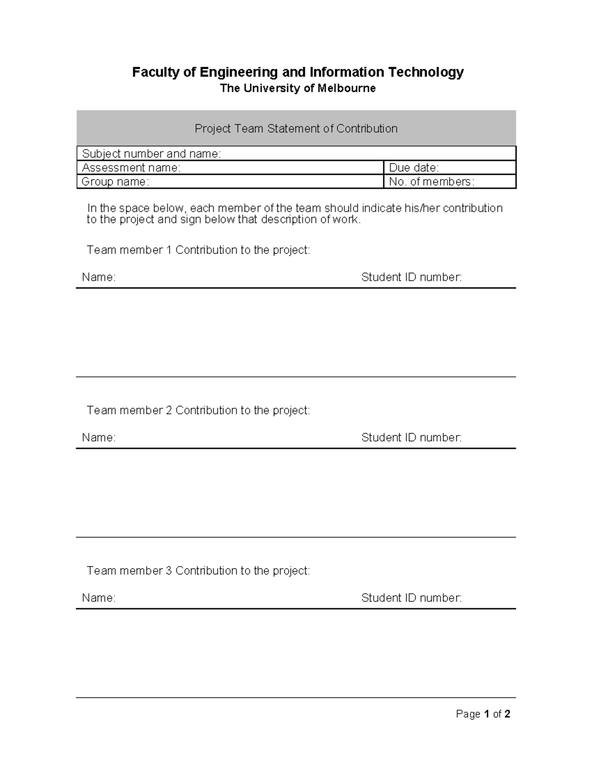ENG1001 Group Assignment Contribution Template for Project Team - Studocu