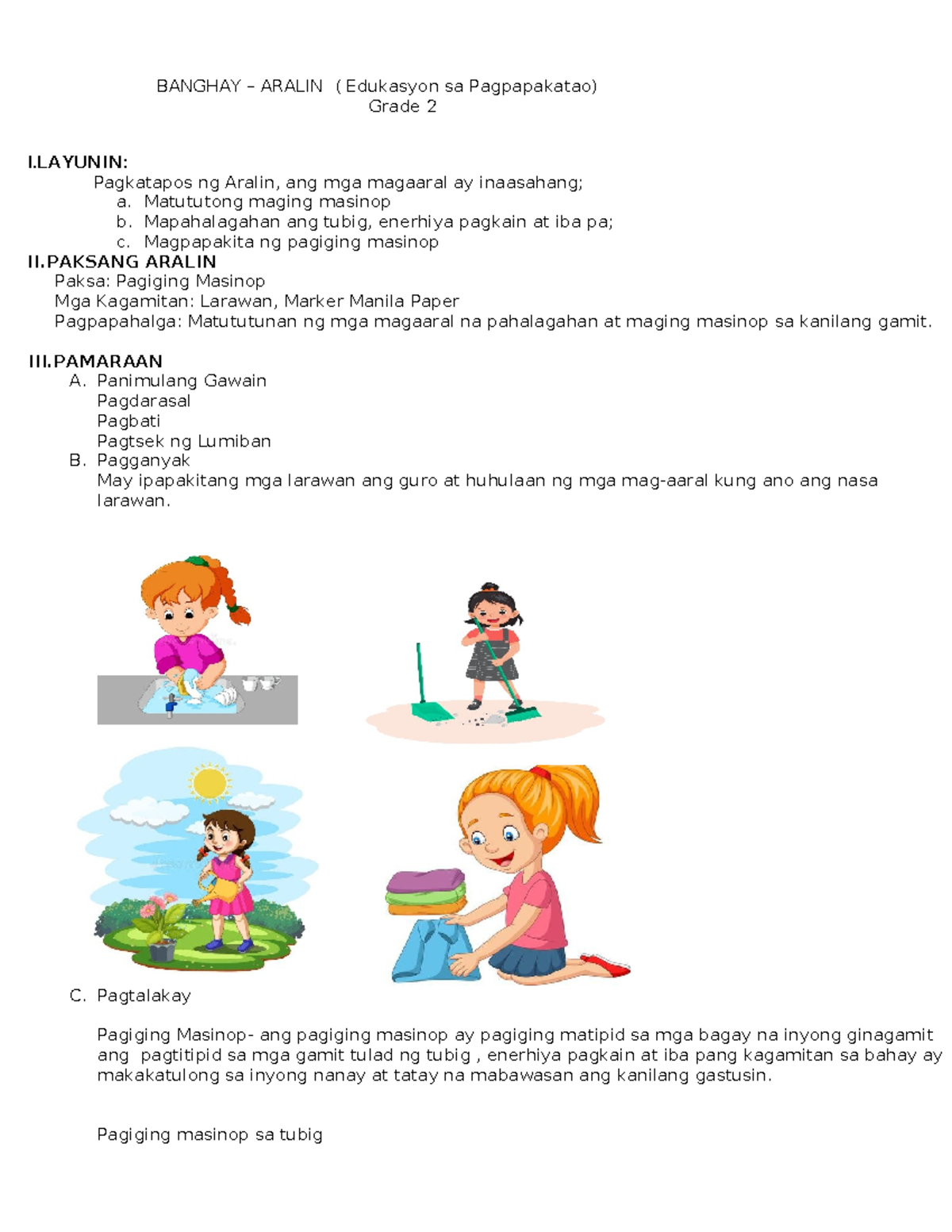 BANGHAY ARALIN: Pagiging Masinop sa Edukasyon sa Pagpapakatao (Grade 2 ...