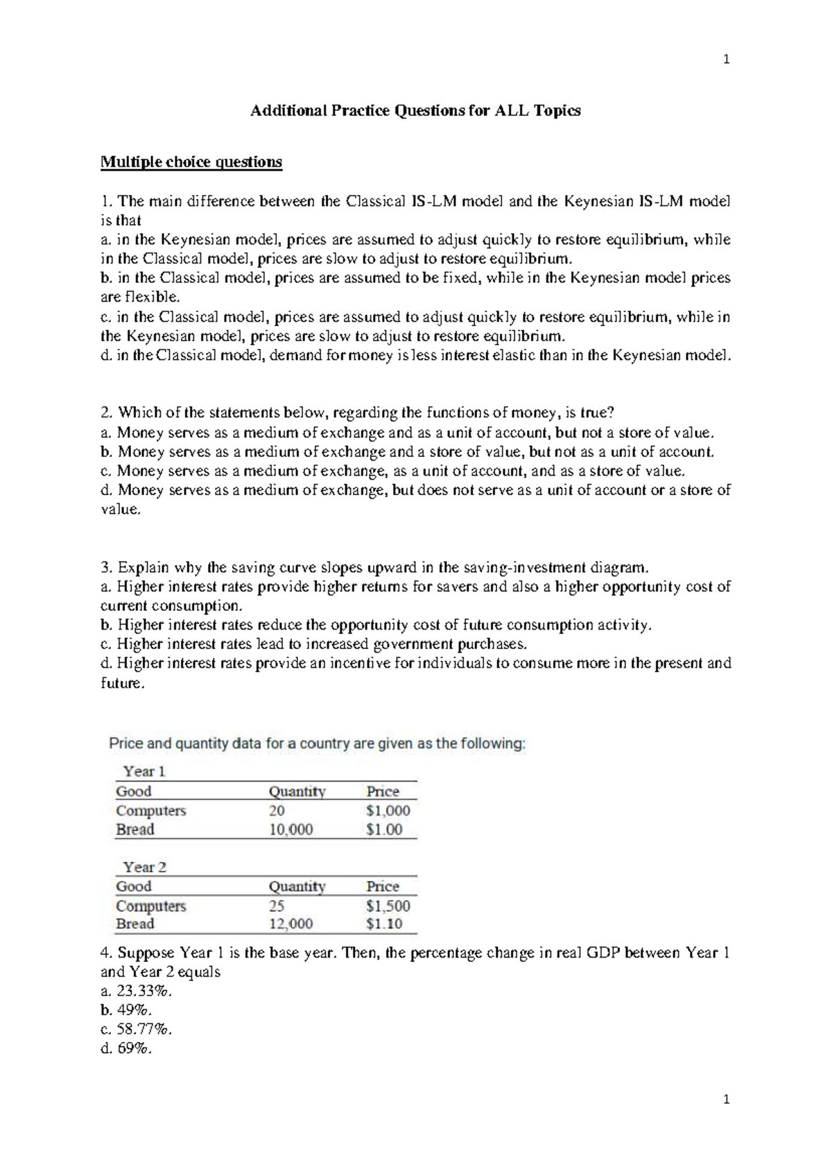 Practice Questions for ALL Topics - Economics 101 - Studocu