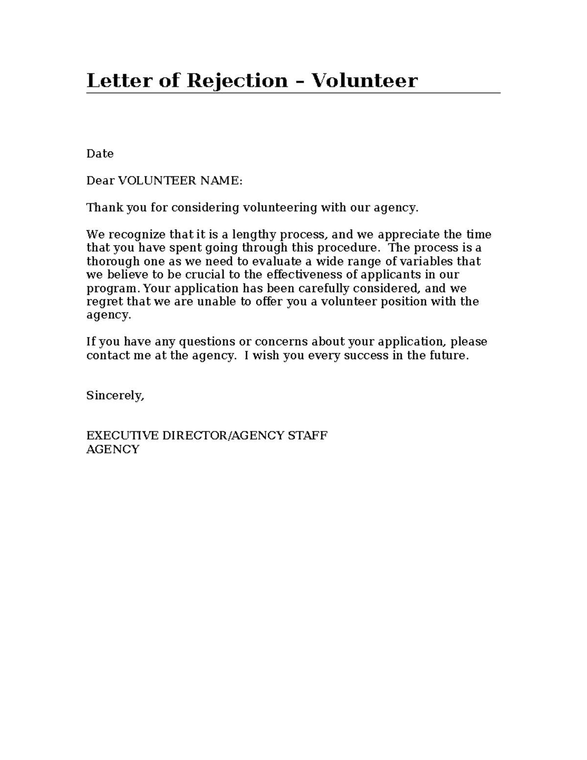 Volunteer Rejection Letter - Thank You for Your Application - Studocu