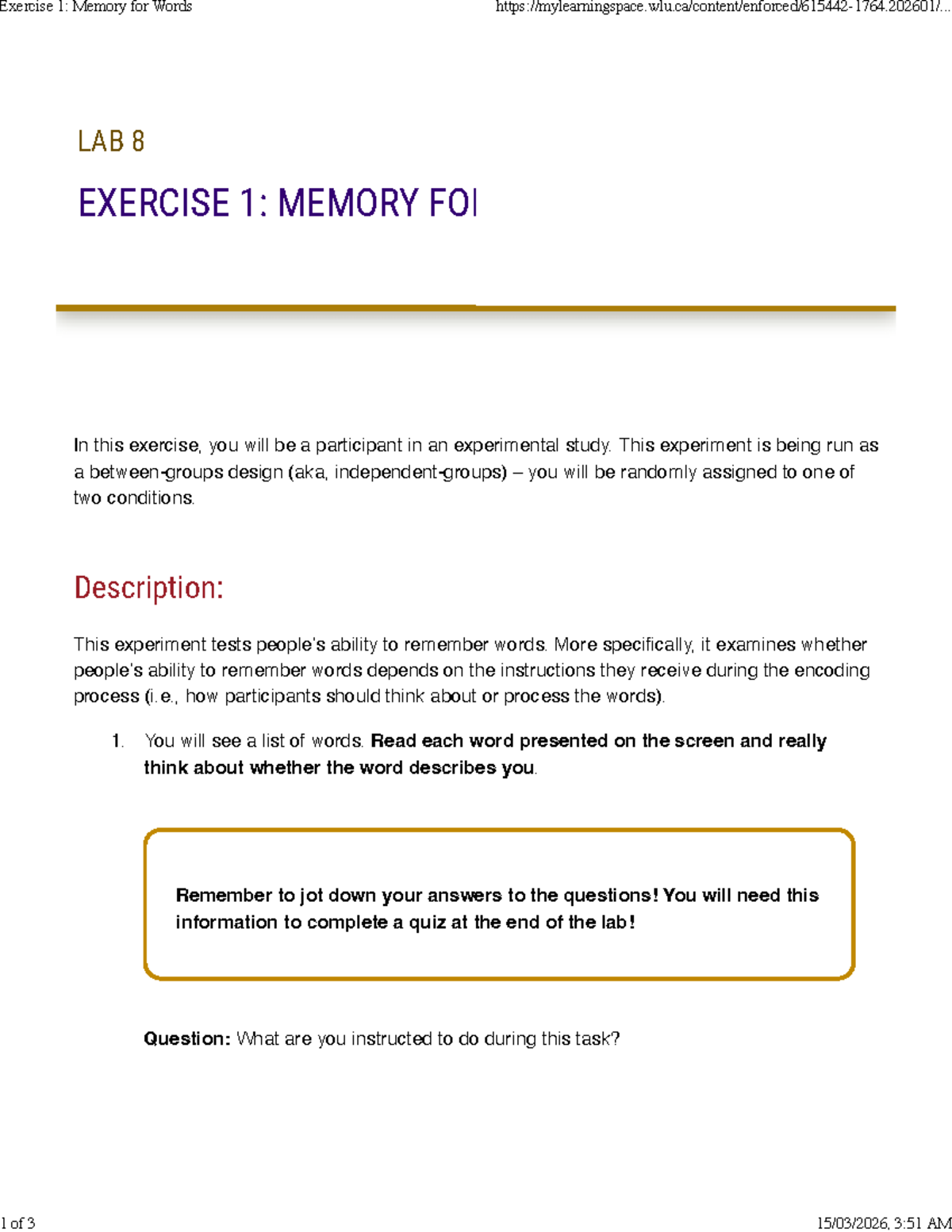 LAB 8: Exercise 1 - Memory for Words Experiment Guide - Studocu
