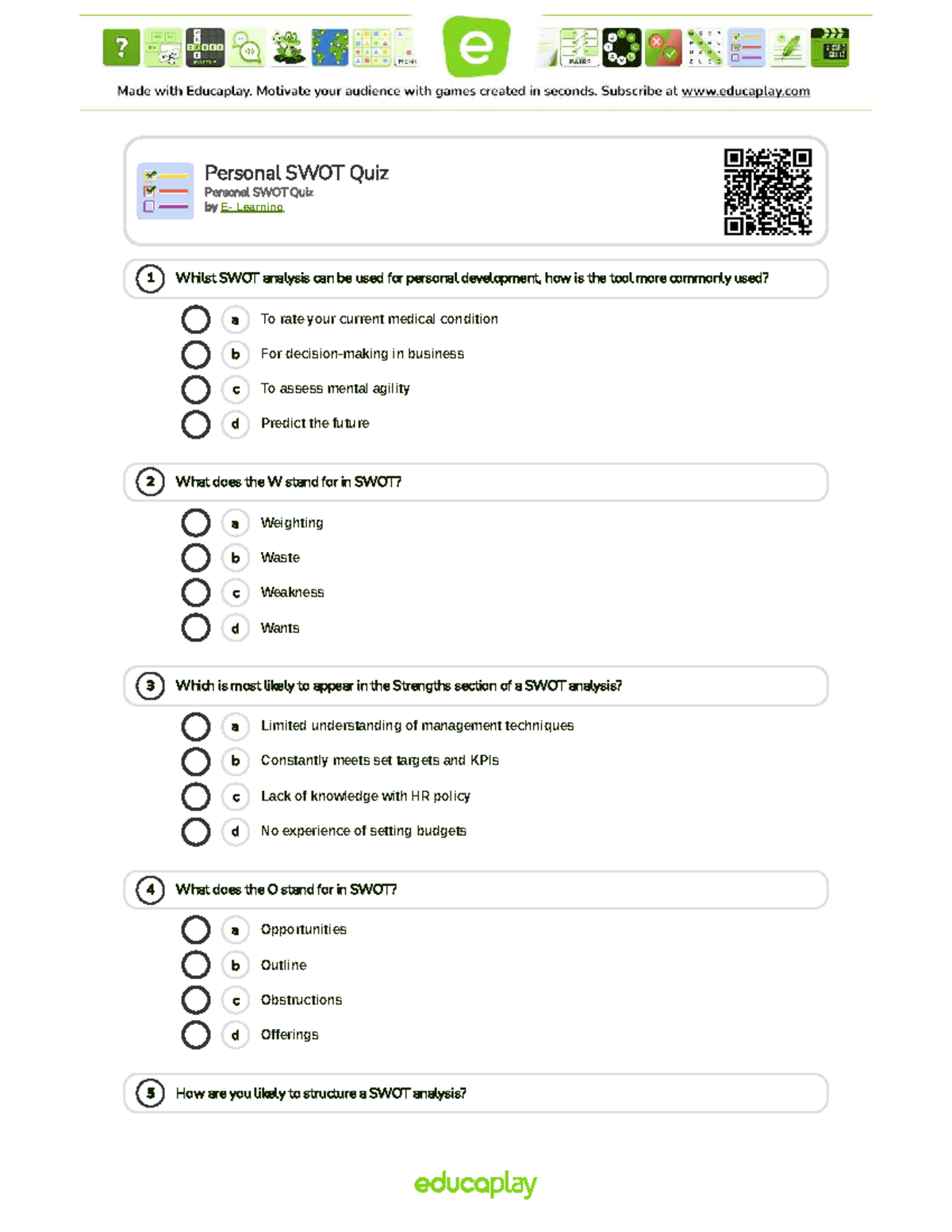 Personal SWOT Analysis Quiz - Learning 1-5 - Studocu