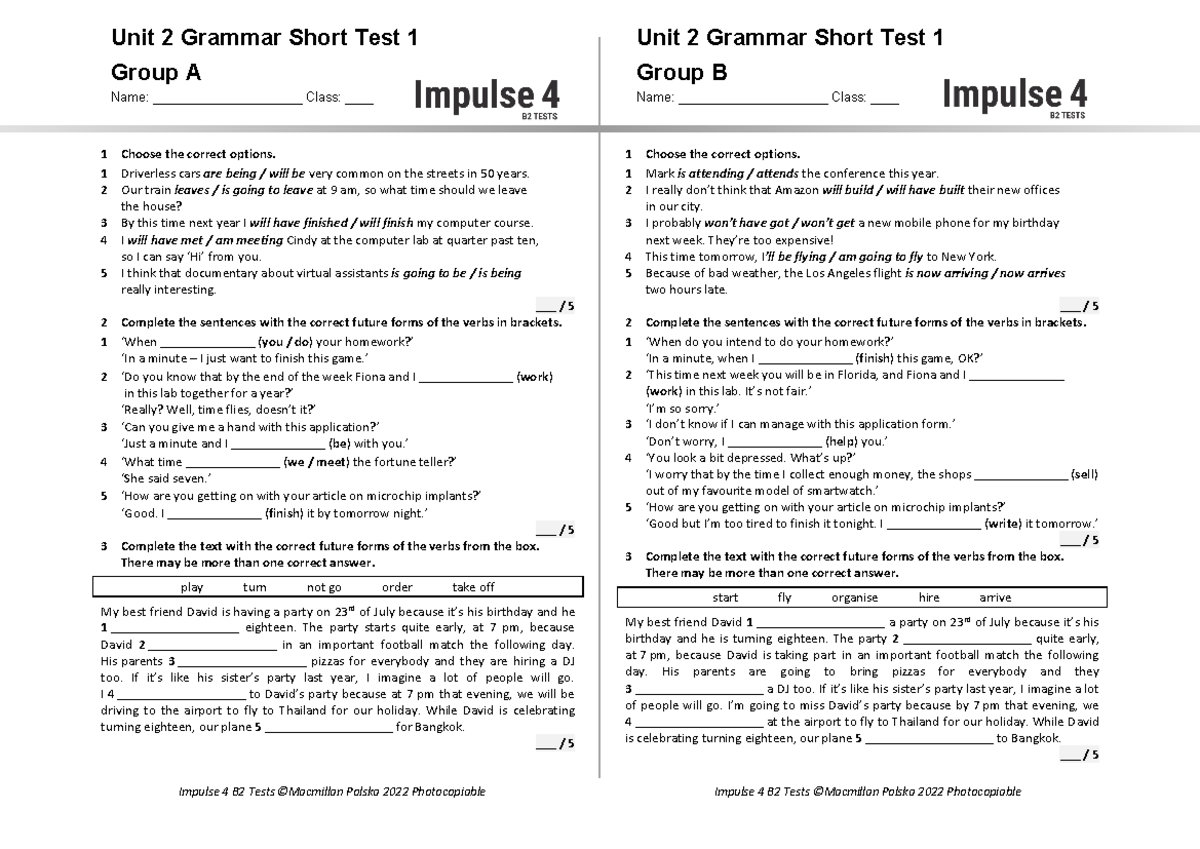 Unit 2 Grammar Short Test 1 A+B - Impulse 4 B2 - Studocu