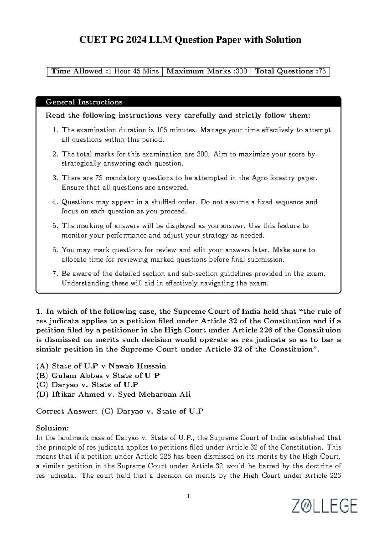 CUET PG 2024 LLM Exam Question Paper with Solutions - Studocu