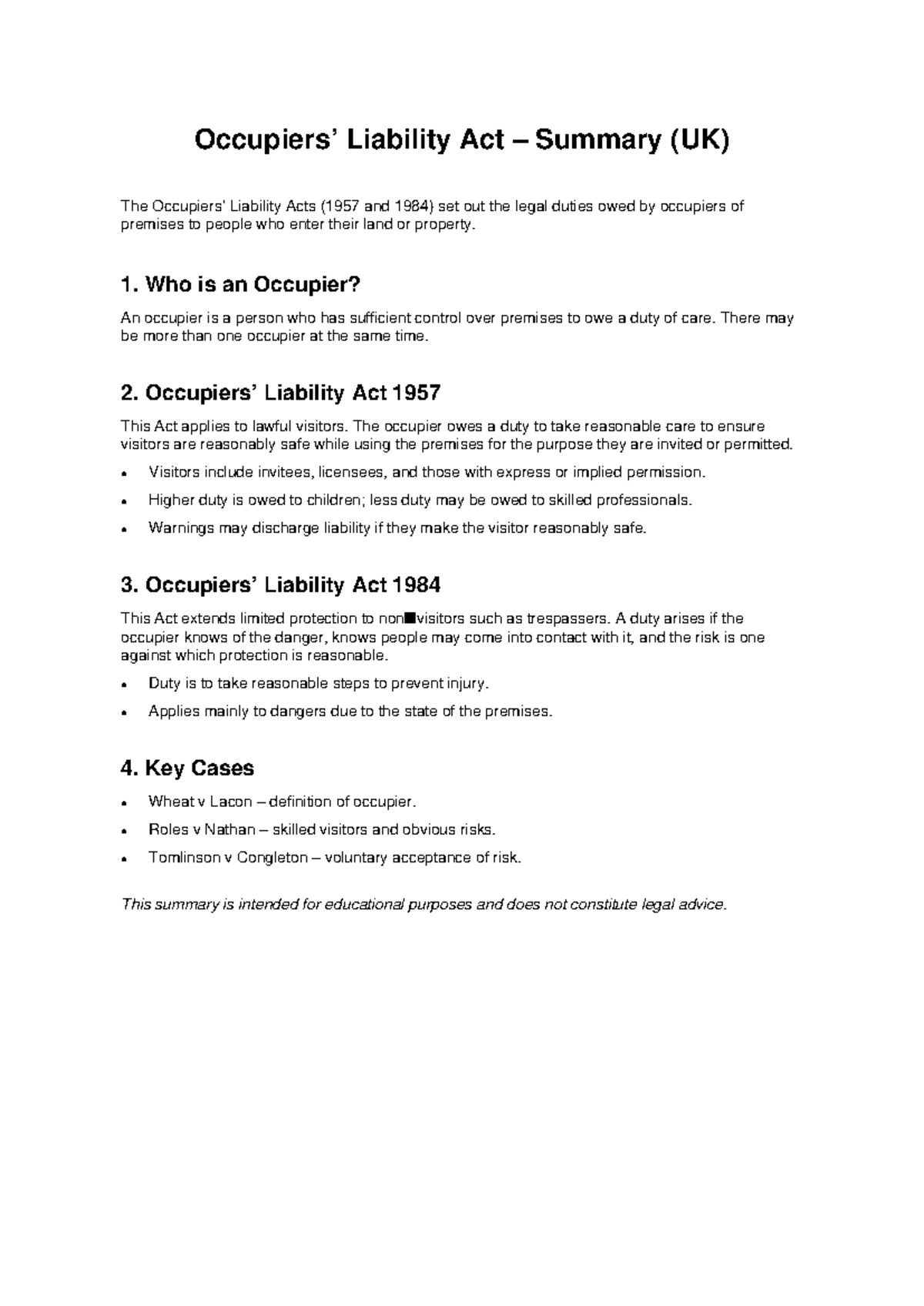 Occupiers Liability Act Summary (UK): Key Points & Cases - Studocu