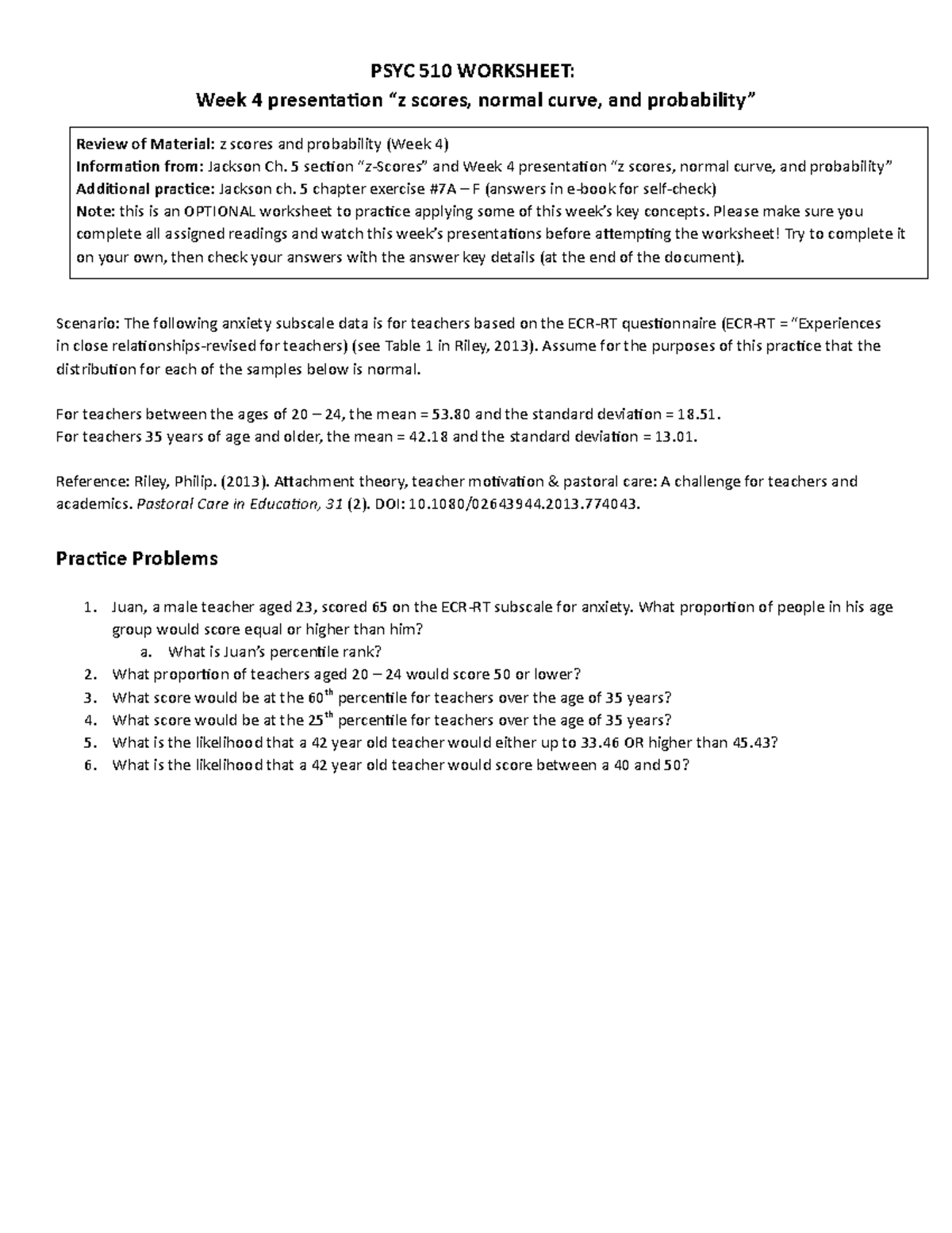 PSYC 510 Week 4 Worksheet: Understanding z-Scores and Probability - Studocu