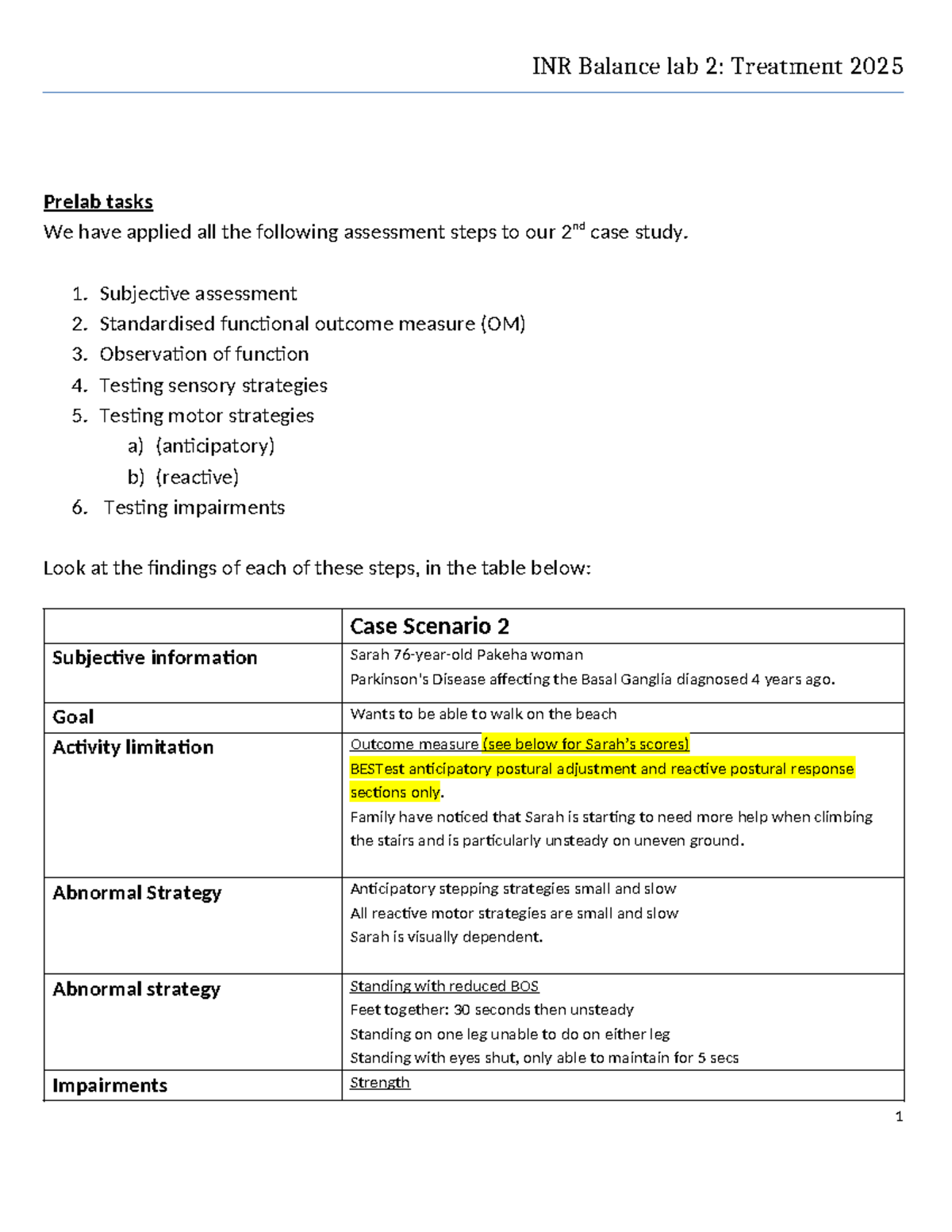 INR 2025 Balance Lab 2: Treatment & Assessment of Case Study - Studocu