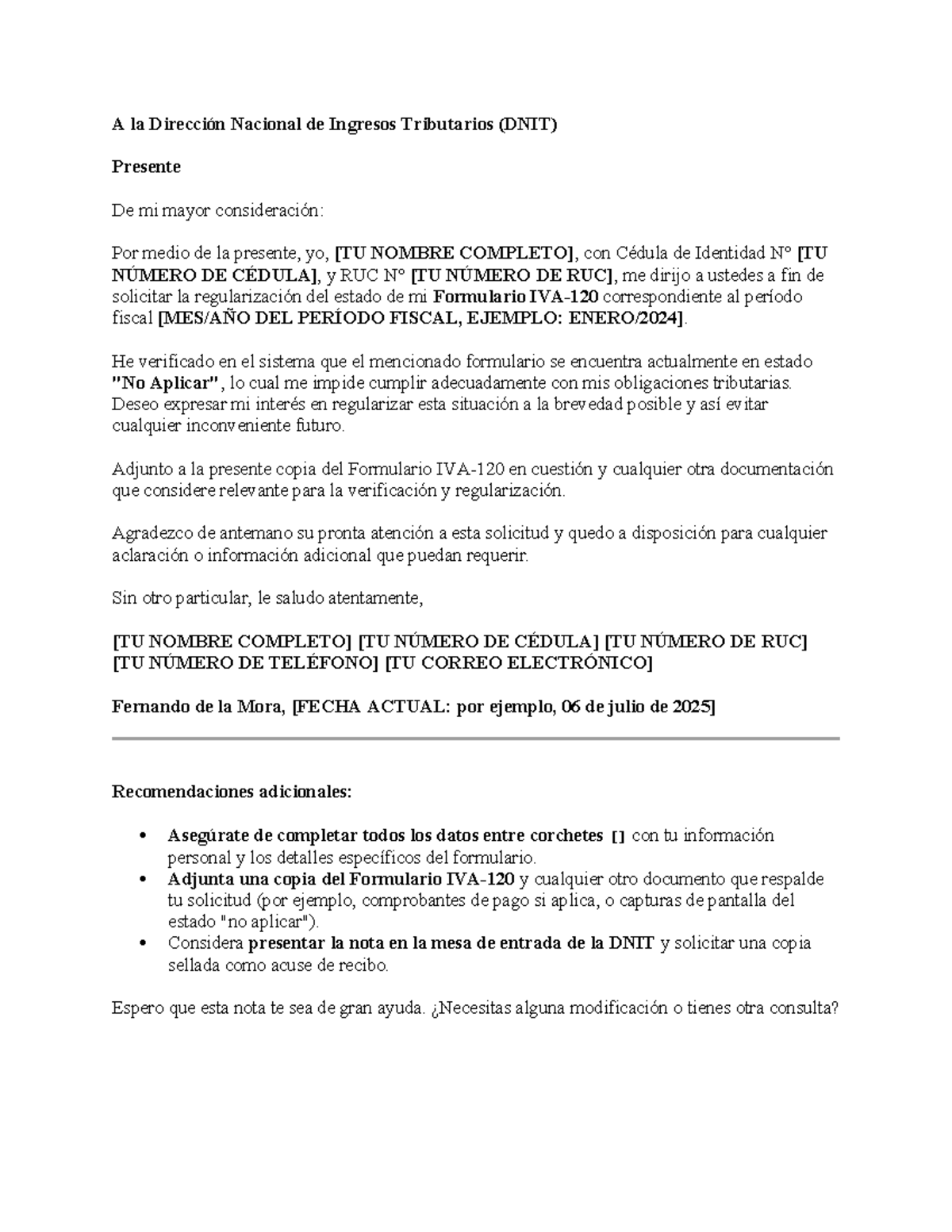 Solicitud de Regularización de Formulario 120 a la DNIT - Studocu