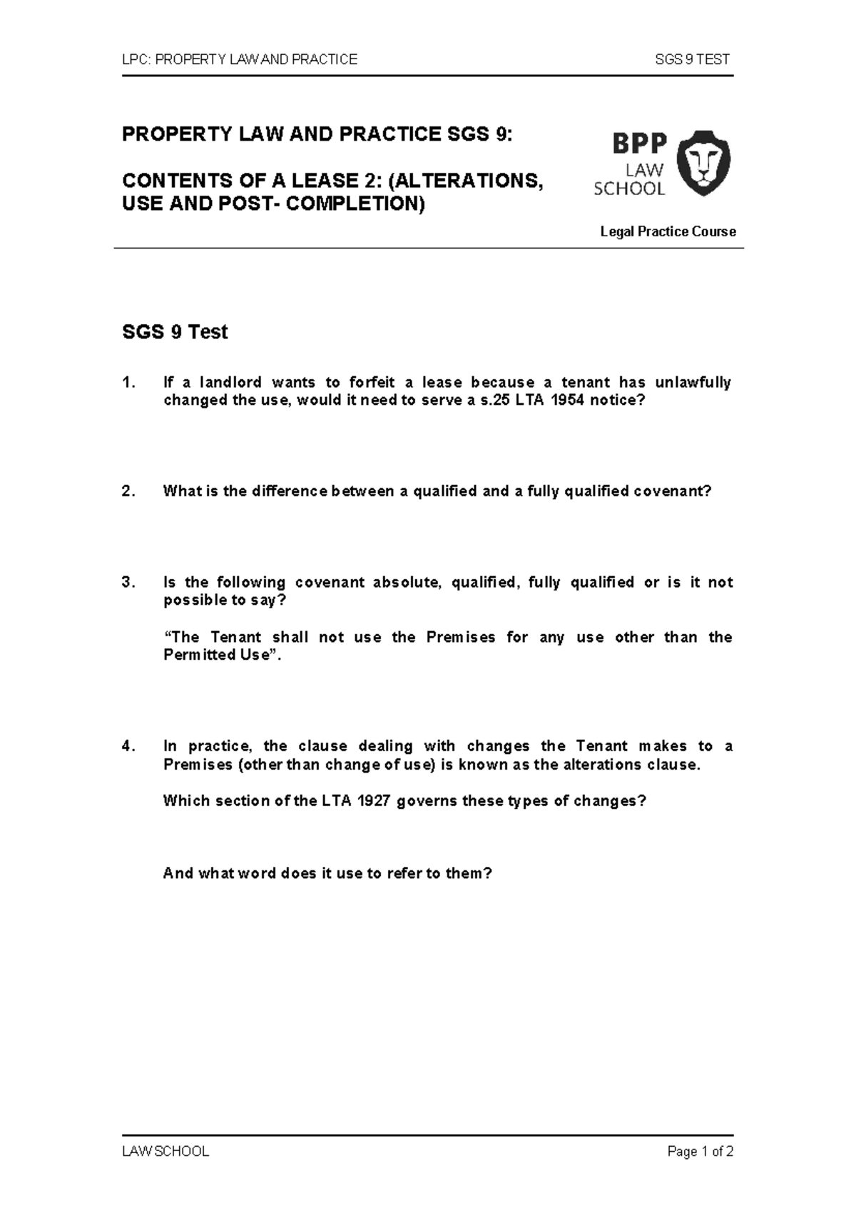 Property SGS 9 Test 2324 - LPC: PROPERTY LAW AND PRACTICE SGS 9 TEST ...
