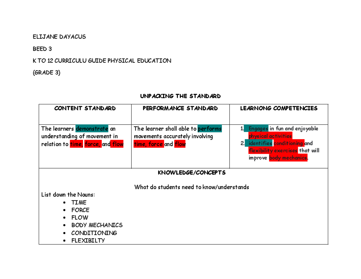Unpacking the Standard: PE Curriculum Guide for Grade 3 (BEED 3) - Studocu