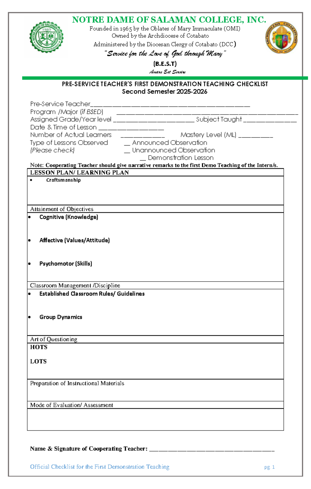 BSED 1st Demo Teaching Checklist - 2nd Sem Program - Studocu