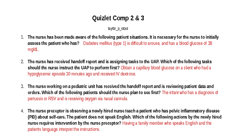Quizlet Comp 2 & 3: Nursing Patient Assessment Scenarios - Studocu