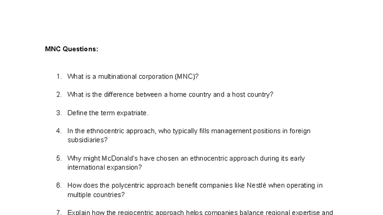 MNC Questions - Case study material - MNC Questions: What is a ...