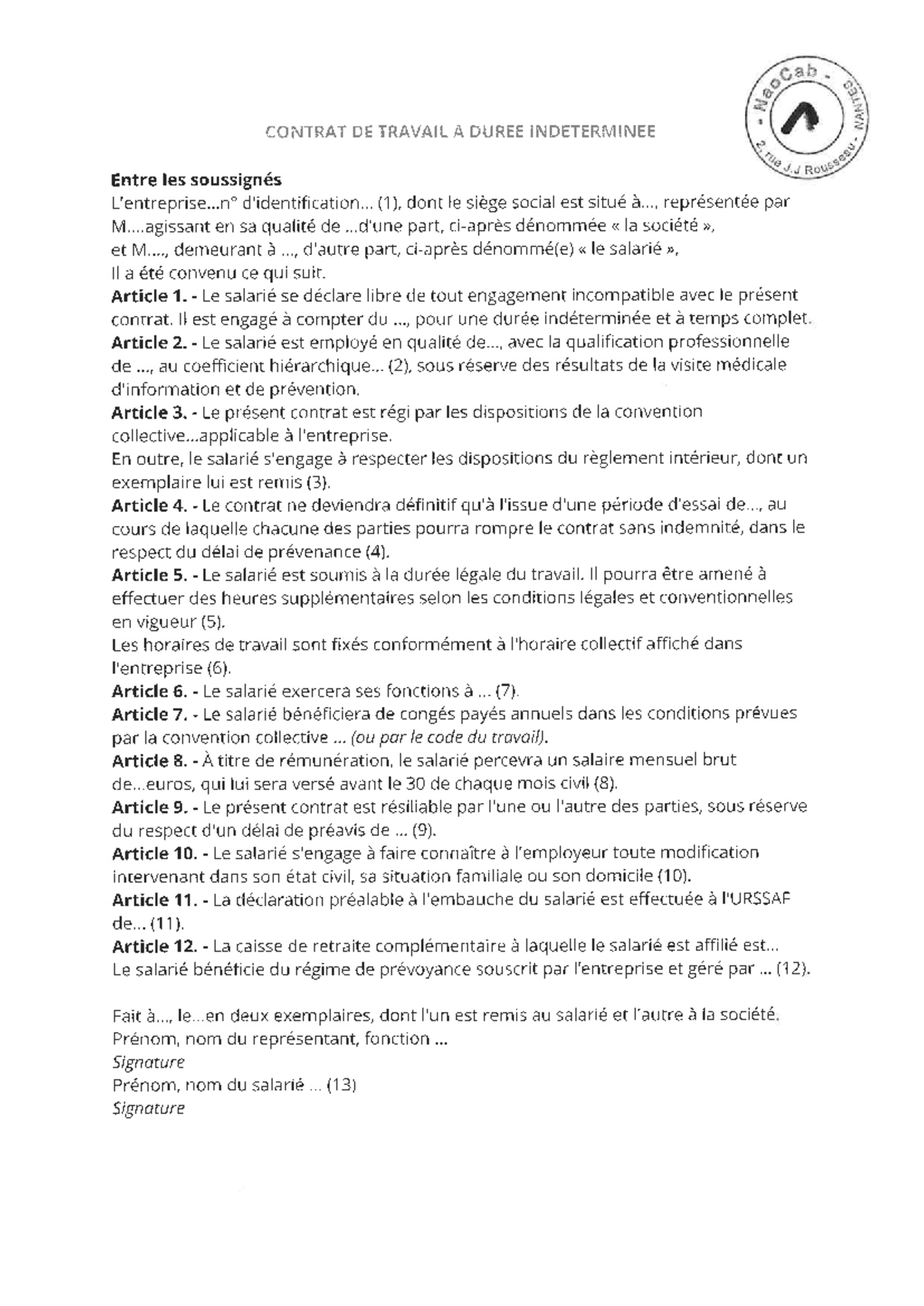 Contrat de Travail à Durée Indéterminée - Modifications - Studocu
