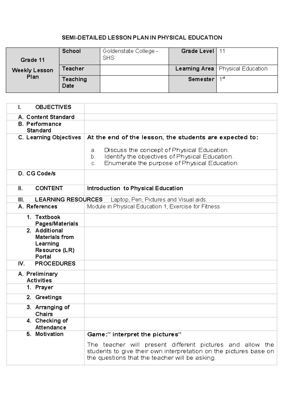 PE 1 - Grade 11 Weekly Lesson Plan for Physical Education - Studocu