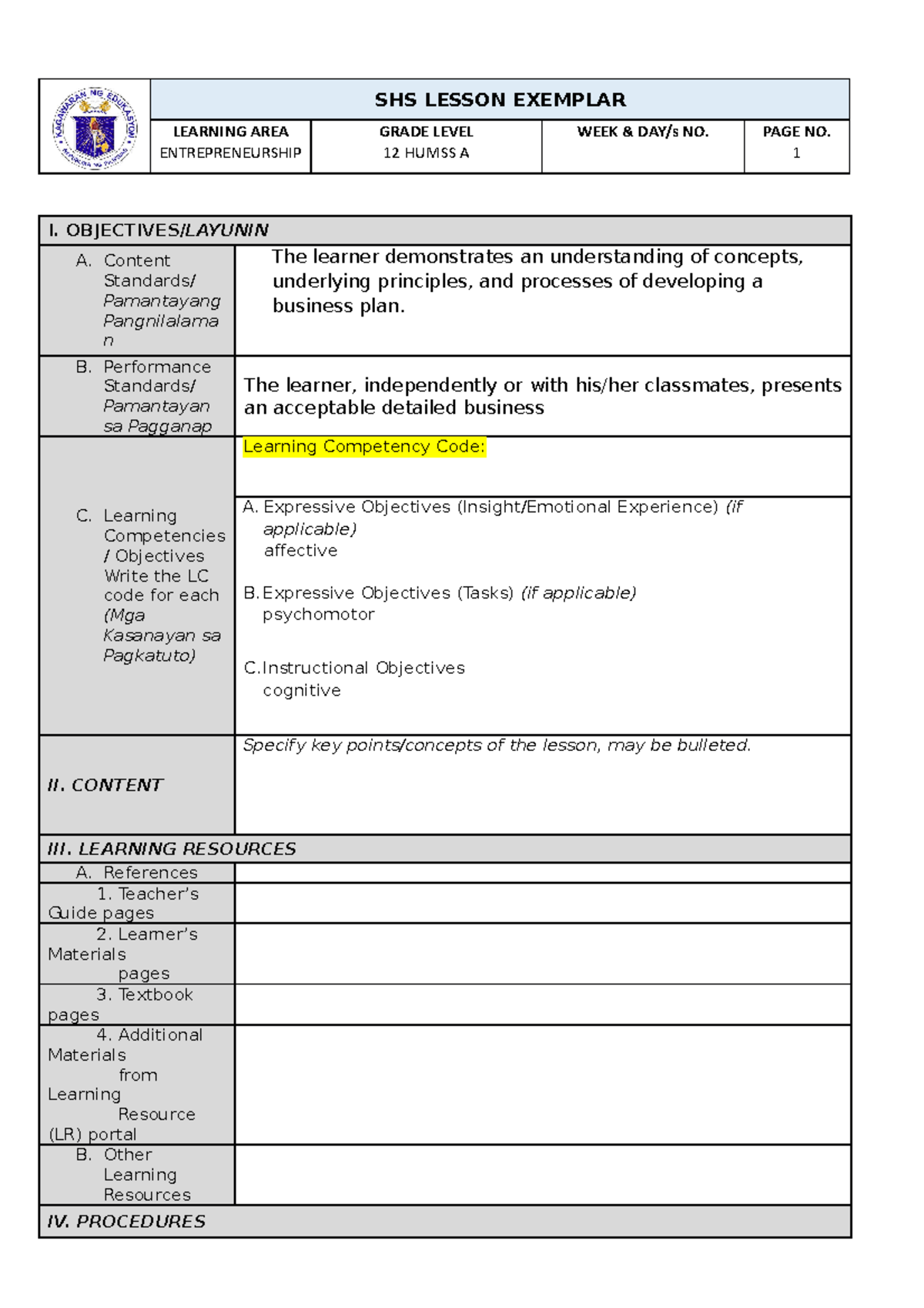 SHS 12 HUMSS A Entrepreneurship Lesson Exemplar Template - Studocu