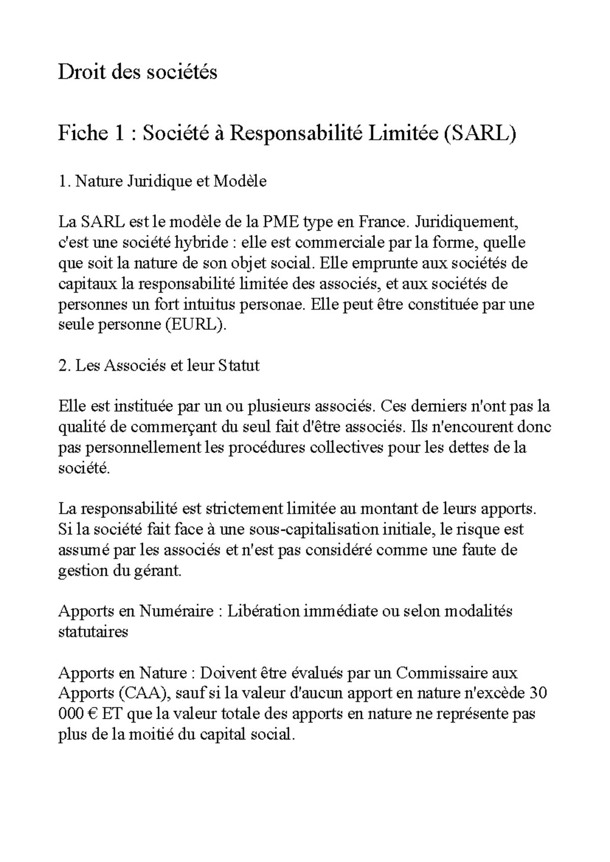 Droit des Sociétés - Fiche 1 : Société à Responsabilité Limitée (SARL ...