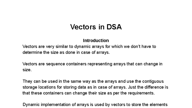 Vectors in DSA: An Introduction to Dynamic Arrays - Studocu