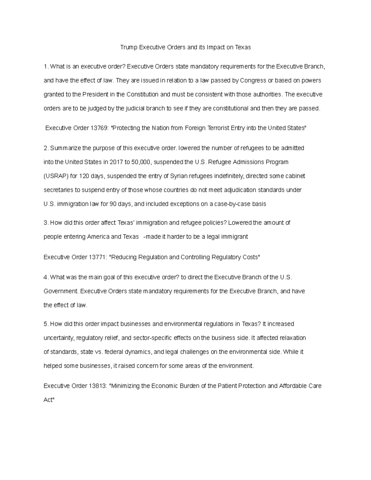 Trump Executive Orders: Impact on Texas Immigration & Business - Studocu