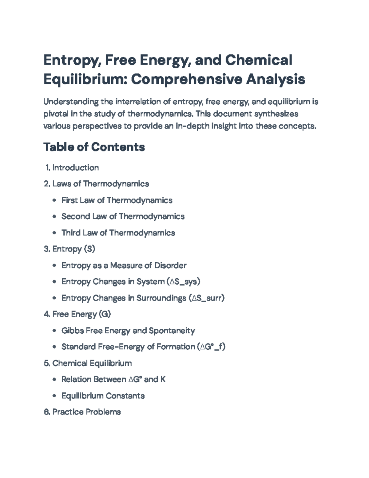 Entropy, Free Energy, and Chemical Equilibrium Analysis (CHEM 101 ...
