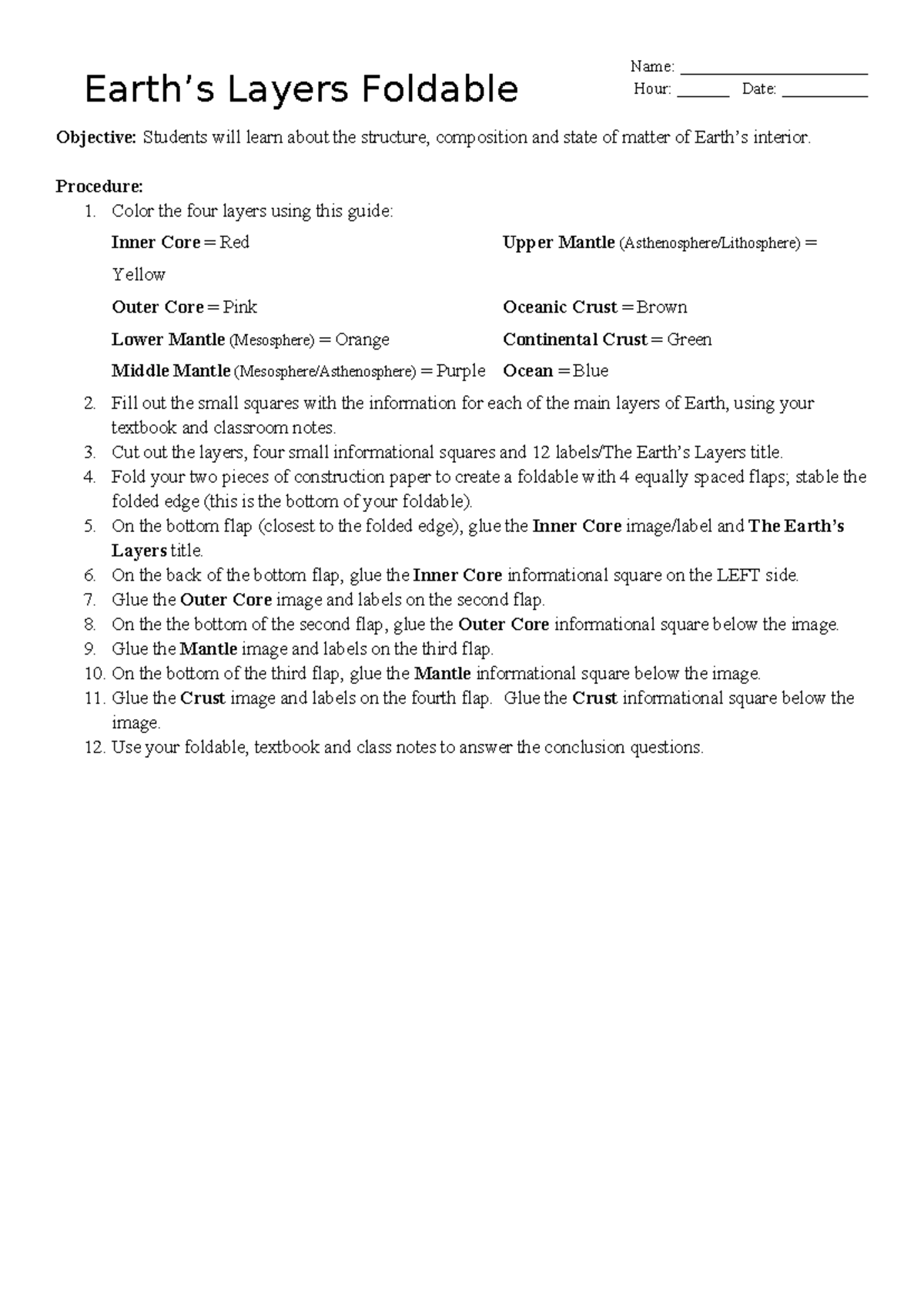 Earth's Layers Foldable Worksheet: Structure & Composition Guide - Studocu