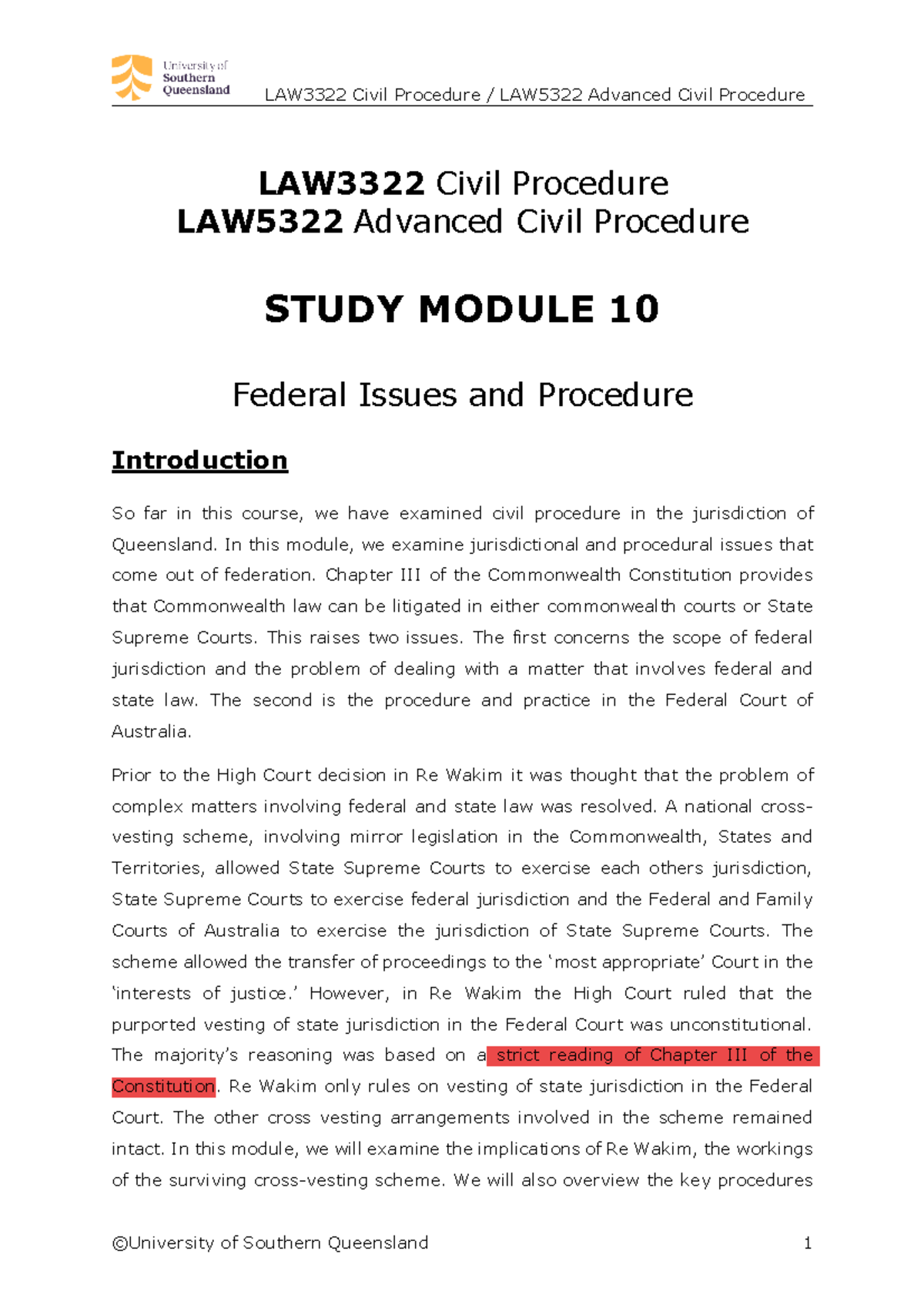 Study Module 10 - LAW3322 Civil Procedure LAW5322 Advanced Civil Procedure STUDY MODULE 10 ...