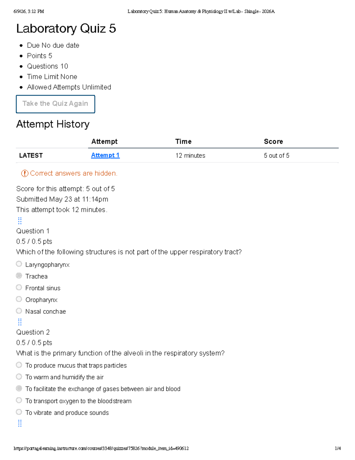 Laboratory Quiz 5: Human Anatomy & Physiology II (2026A) - Studocu