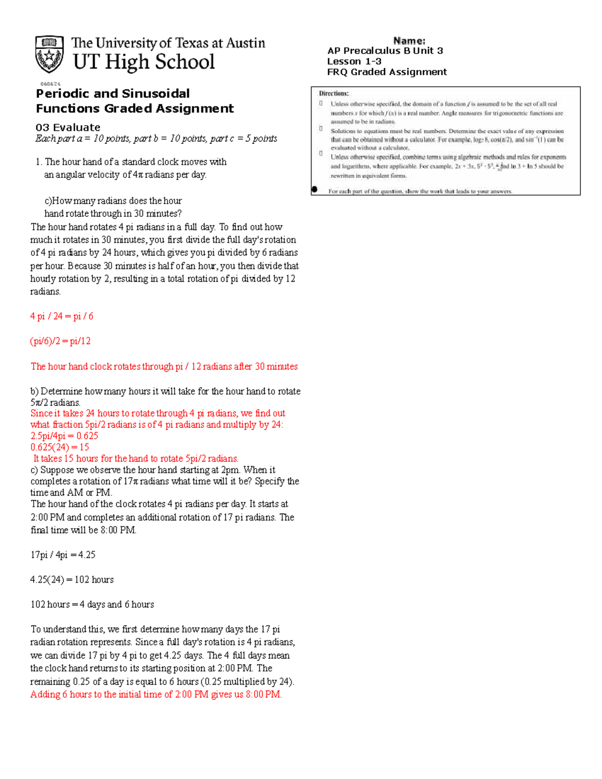 AP Precalculus B Unit 3 Lesson FRQ: Periodic & Sinusoidal Functions ...