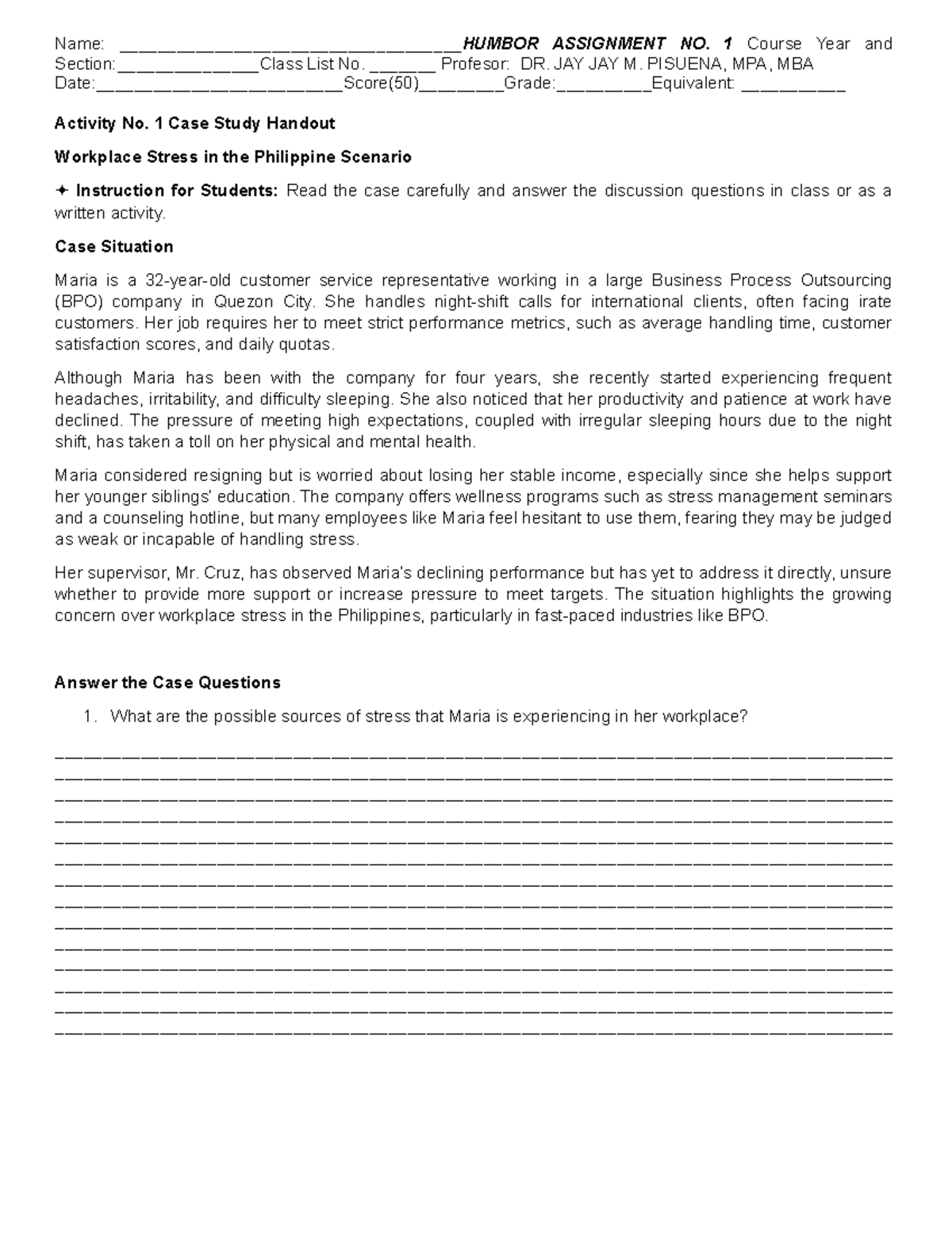 Case Study: Workplace Stress in the Philippine BPO Sector - ASSIGNMENT ...