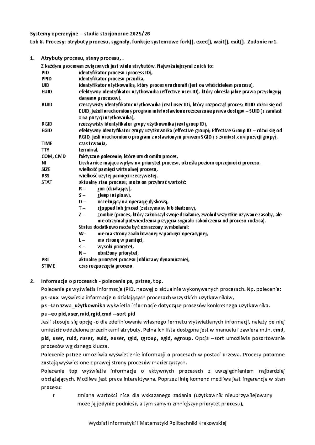 Systemy Operacyjne SO Lab 6: Procesy, Atrybuty i Sygnały - Studocu
