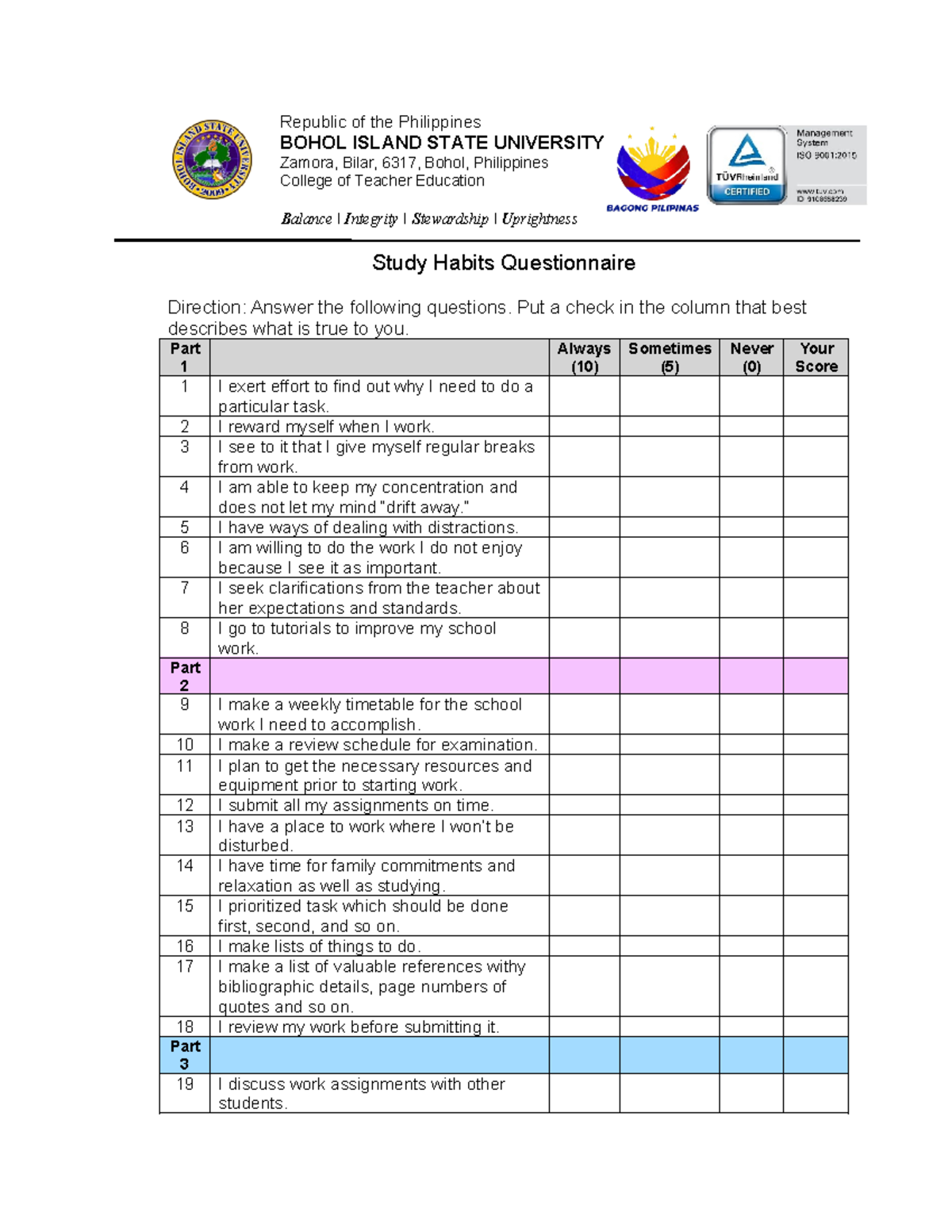 Study Habits Questionnaire With Scaling - Republic of the Philippines ...