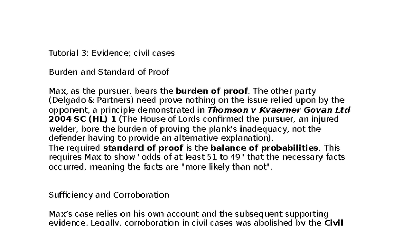 Tutorial 3: Civil Cases - Burden & Standard of Proof Analysis - Studocu