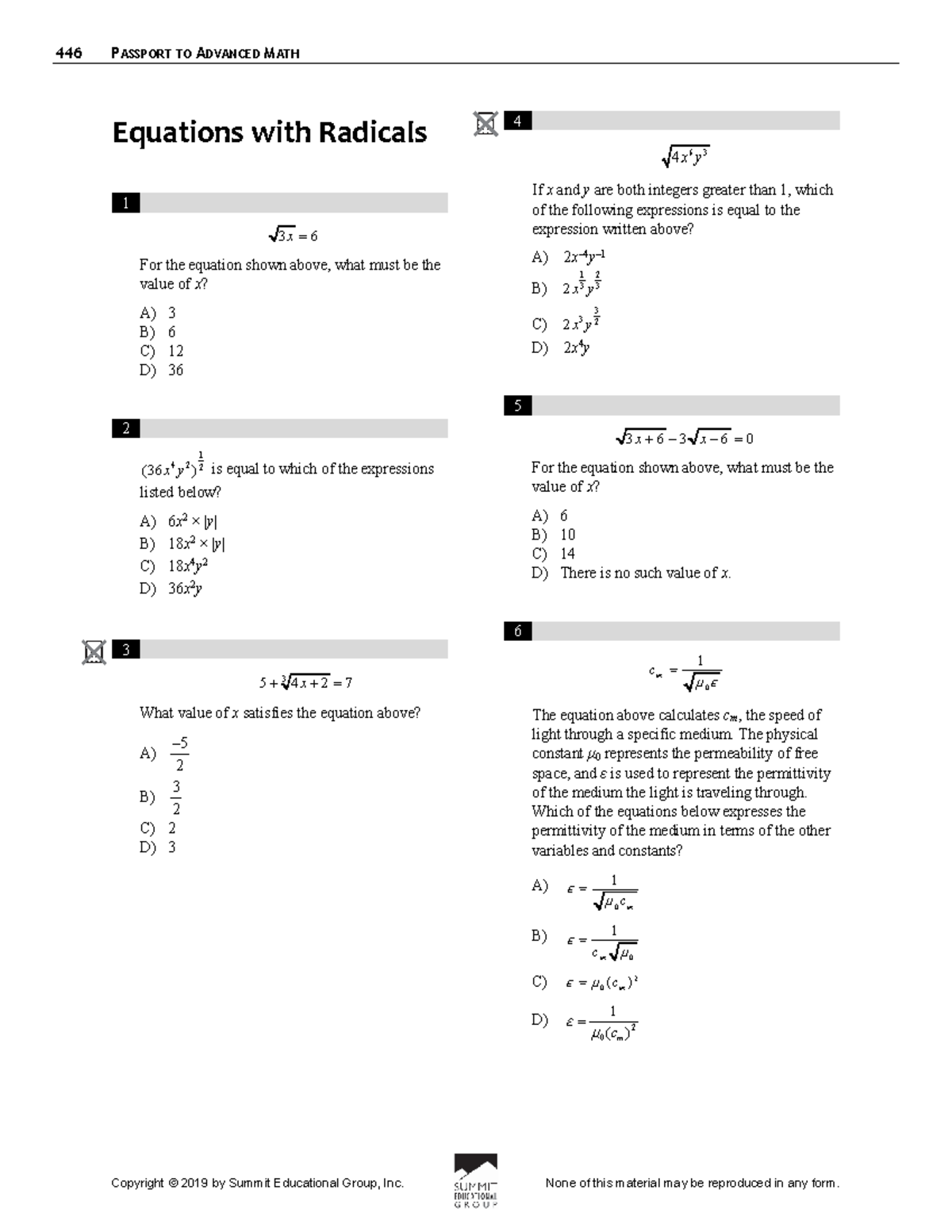 446 PASSPORT TO ADVANCED MATH: Equations with Radicals Study Guide ...