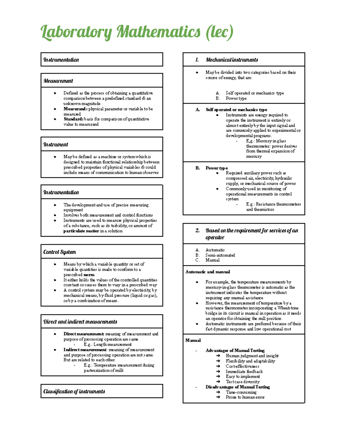 Laboratory Mathematics (Lec) Midterm Study Notes on Instrumentation ...