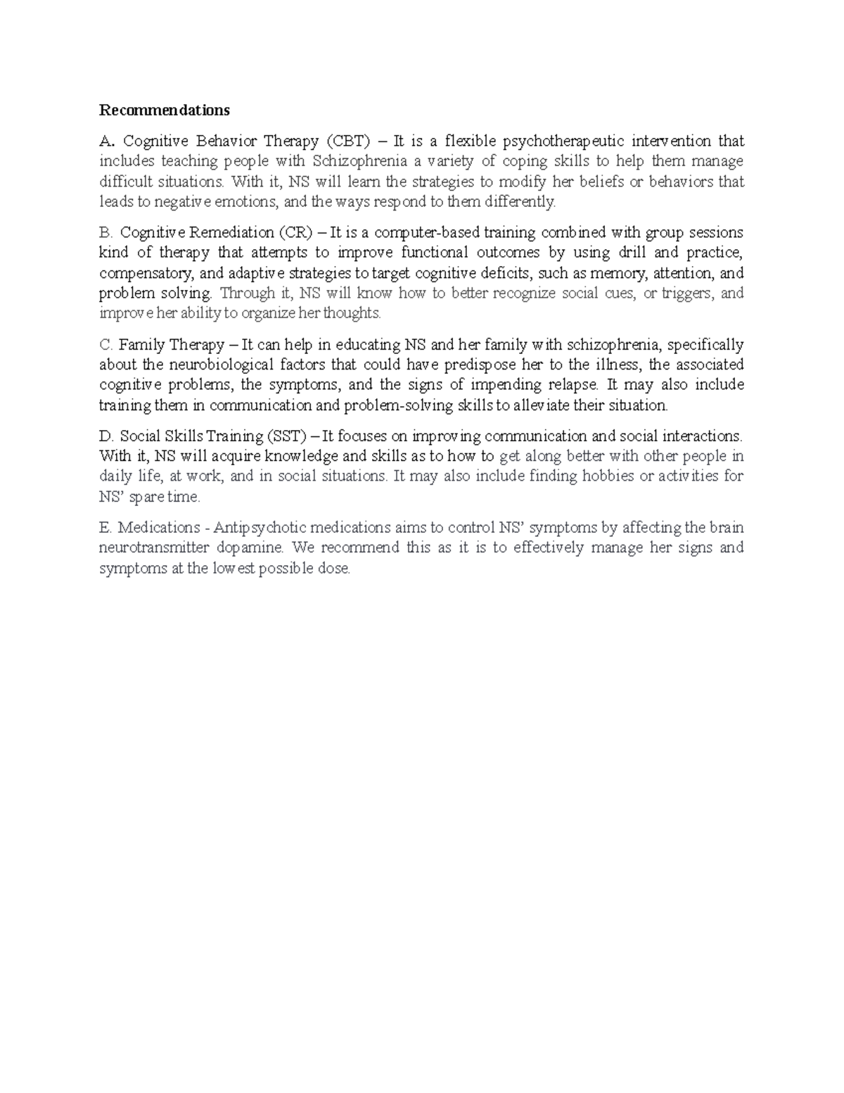 Sample Recommendations - Recommendations A. Cognitive Behavior Therapy ...