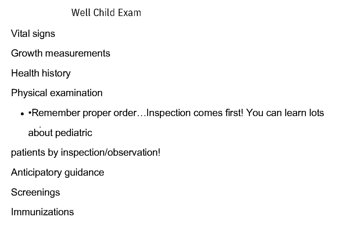Flash Cards Well Child Care Exam 1 - Well Child Exam Vital signs Growth ...