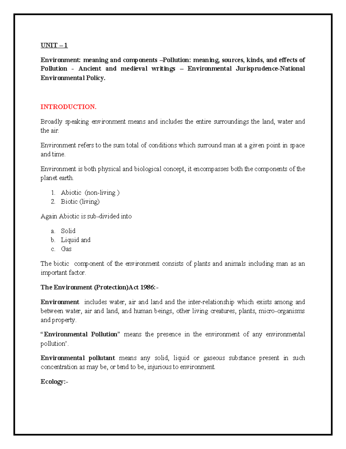 EVS Unit 1: Understanding the Environment and Pollution Dynamics - Studocu