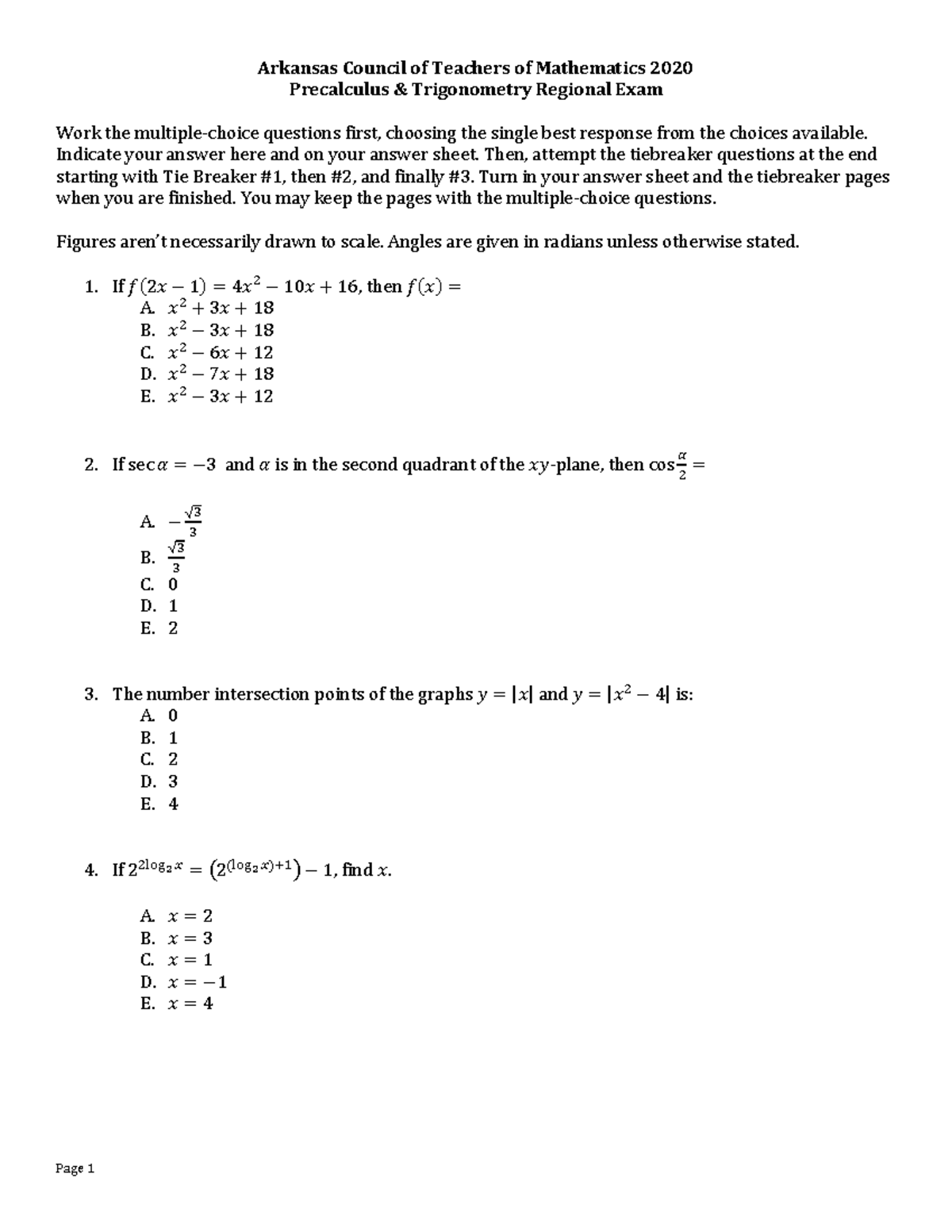 2020 ACTM Precalculus Trigonometry Regional Exam Questions & Answers ...