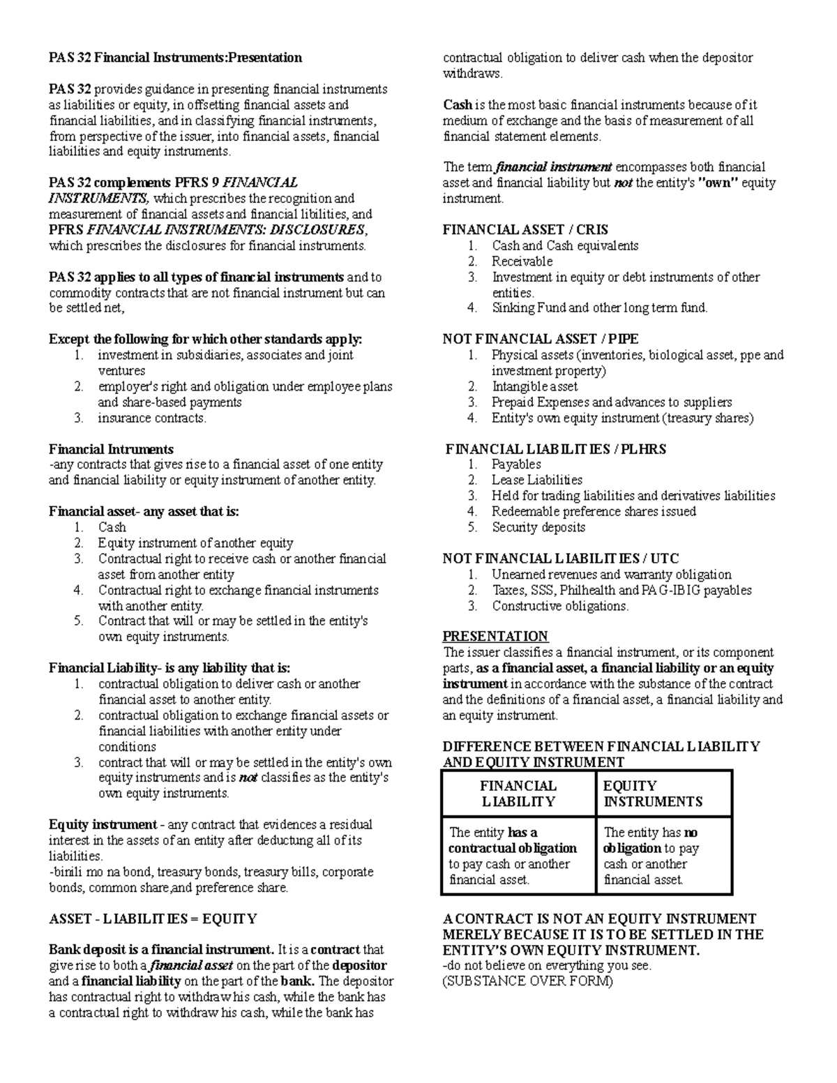 PAS 32 Guidance on Presenting Financial Instruments: Equity vs ...