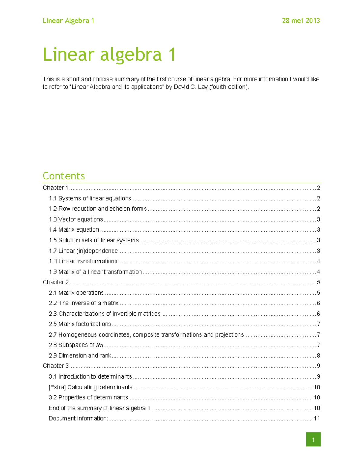 Summary Linear Algebra and its Applications David C. Lay - Chapter 1,2 ...