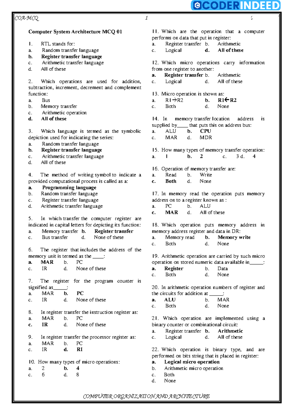 CSE211 Computer System Architecture MCQ Practice Set 01 - Studocu