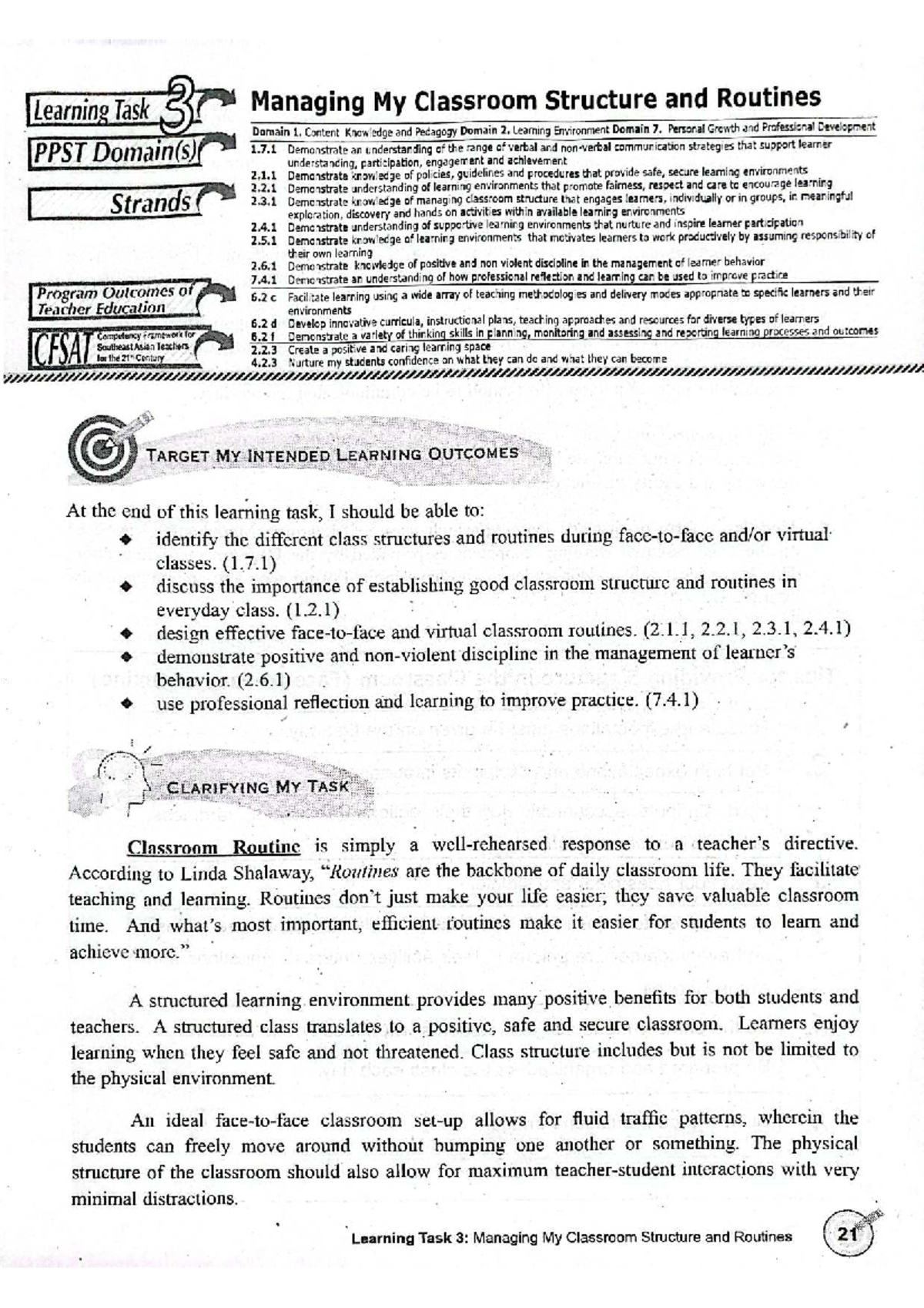 Learning Task 3: Managing Classroom Structure & Routines for Effective Teaching - Studocu
