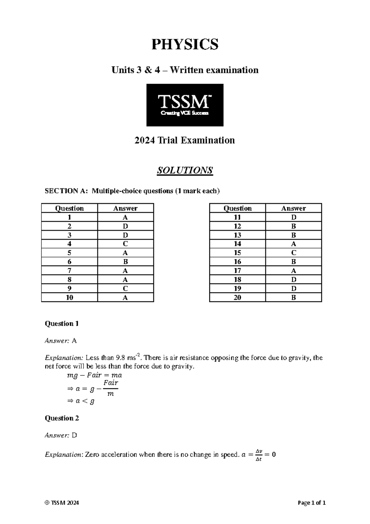 Physics 2024 Units 3 & 4 Trial Exam Solutions - Studocu