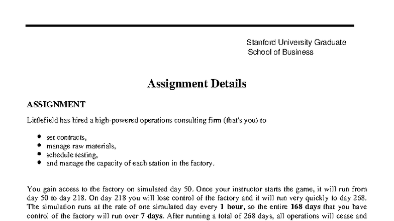 Stanford GSB Assignment: Littlefield Operations Simulation Guide - Studocu